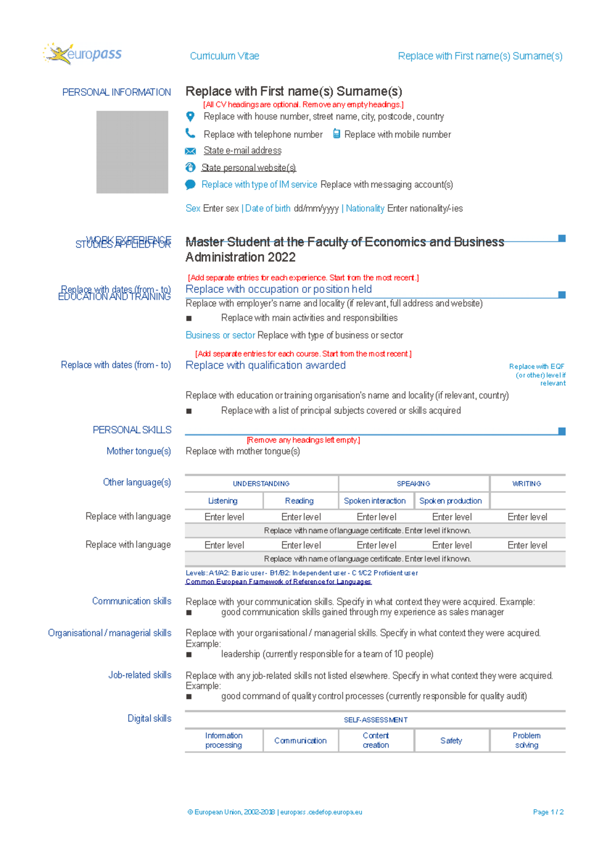 CV template Admission master FEAA 2022 - Curriculum Vitae Replace with ...