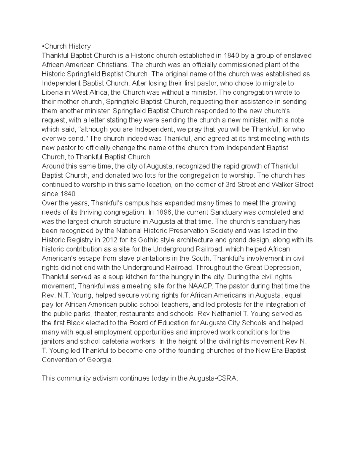 Studocu 3 - assignment - •Church History Thankful Baptist Church is a ...