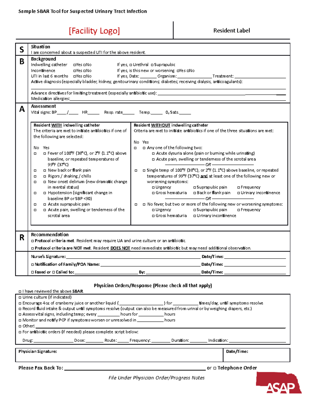SBAR communication tool template for suspected urinary tract infection ...
