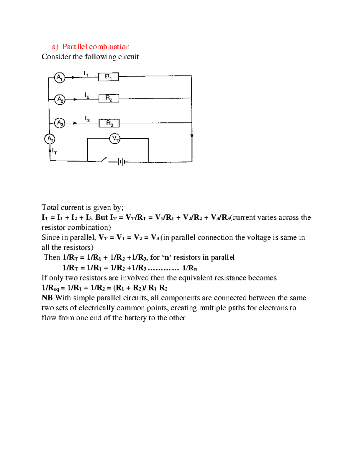 Phys 00141 lecture 3 - summary notes - a) Parallel combination Consider ...