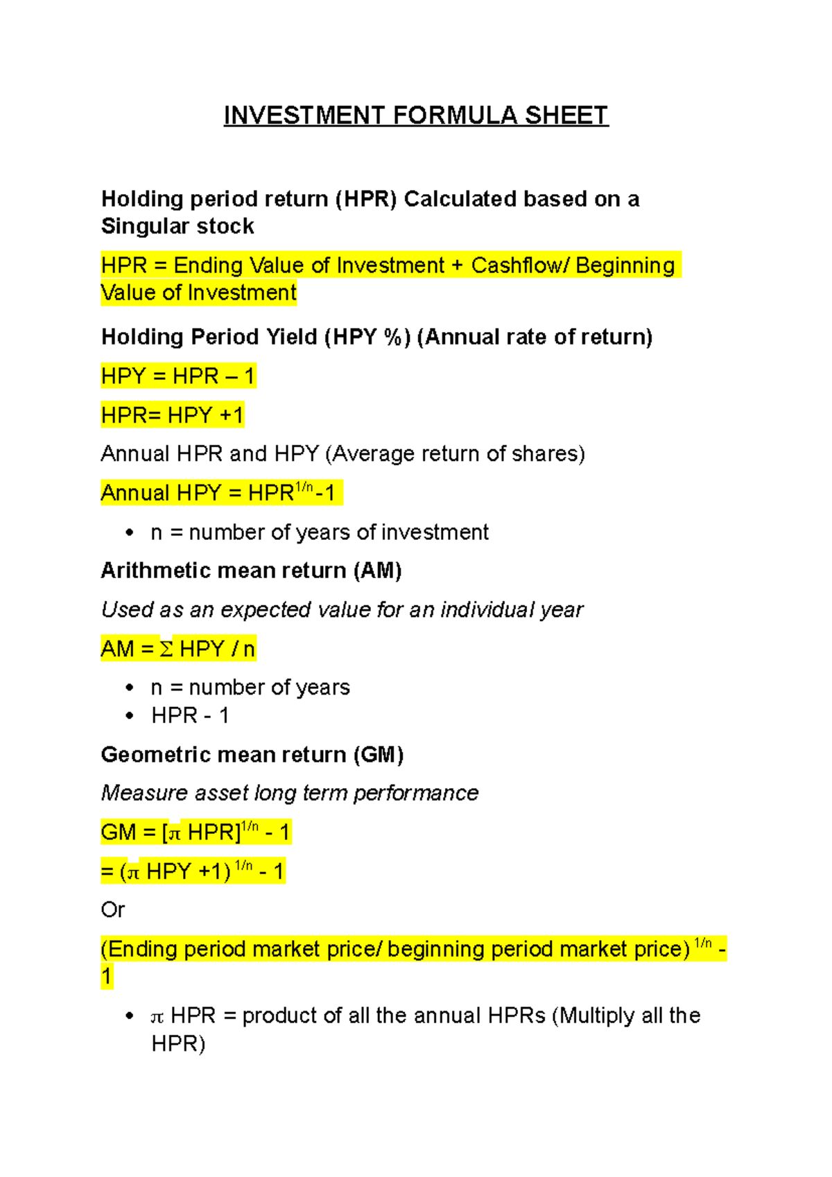 Investment Formula Sheet - INVESTMENT FORMULA SHEET Holding period ...