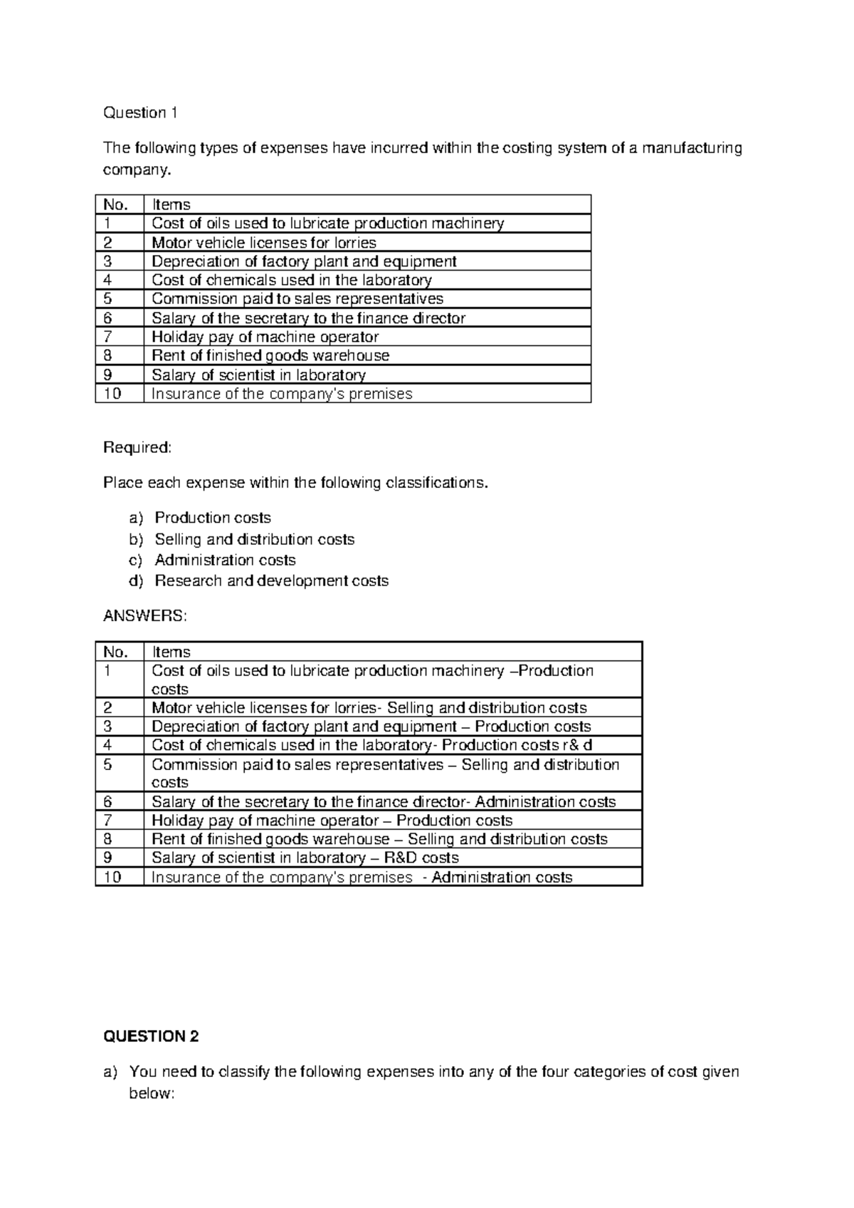 COST Classification Exercise student edition muqriz - Question 1 The following types of expenses ...
