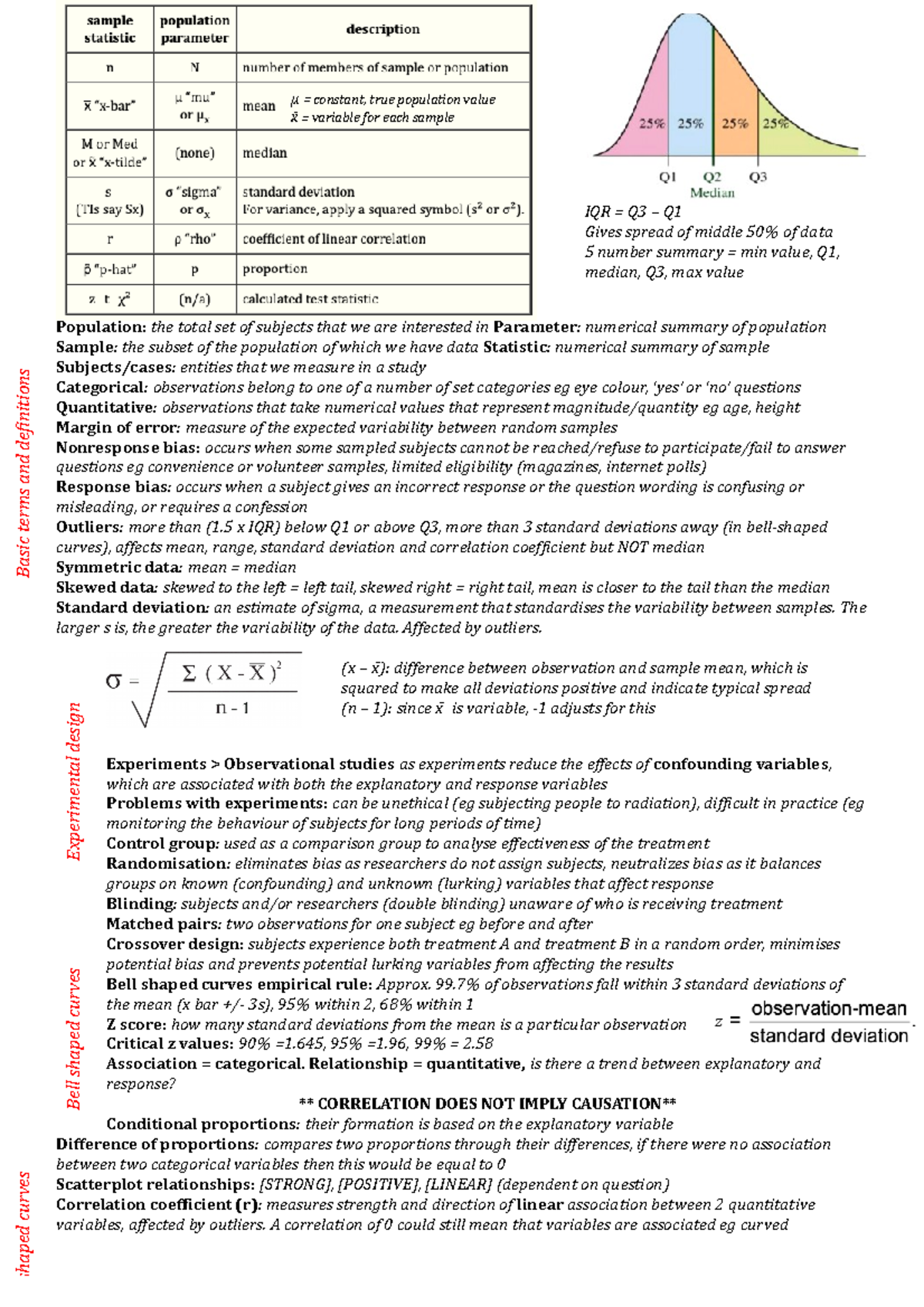 SDA Exam Summary Sheet - Population: the total set of subjects that we ...