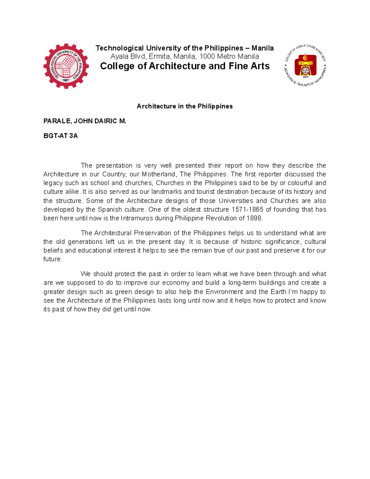 Parale (BGT AT 3A) Reaction Architecture IN THE Philippines ...