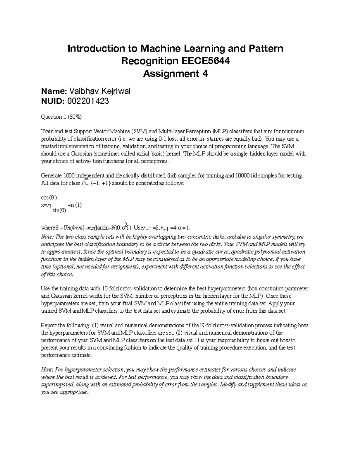 Assignment 4 EECE5644 Vaibhav Kejriwal - Introduction to Machine Learning and Pattern ...