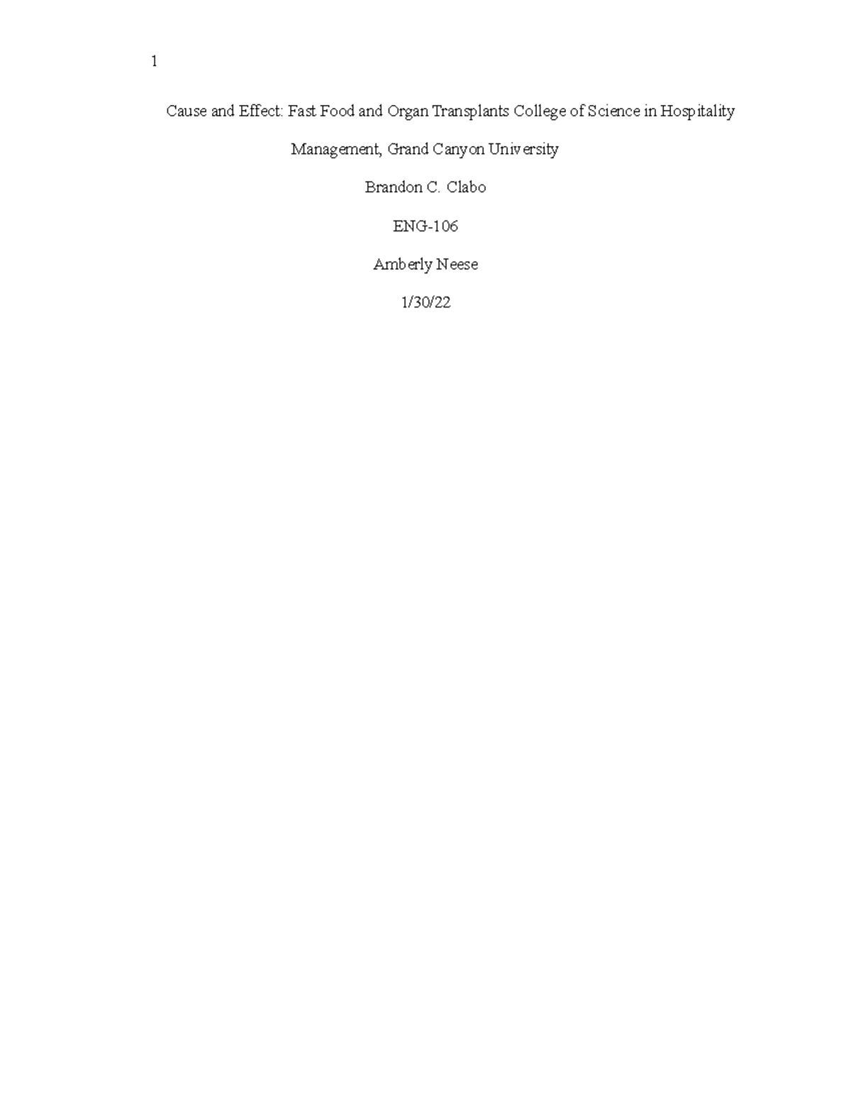 Fast Food Cause and Effect - 1 Cause and Effect: Fast Food and Organ ...