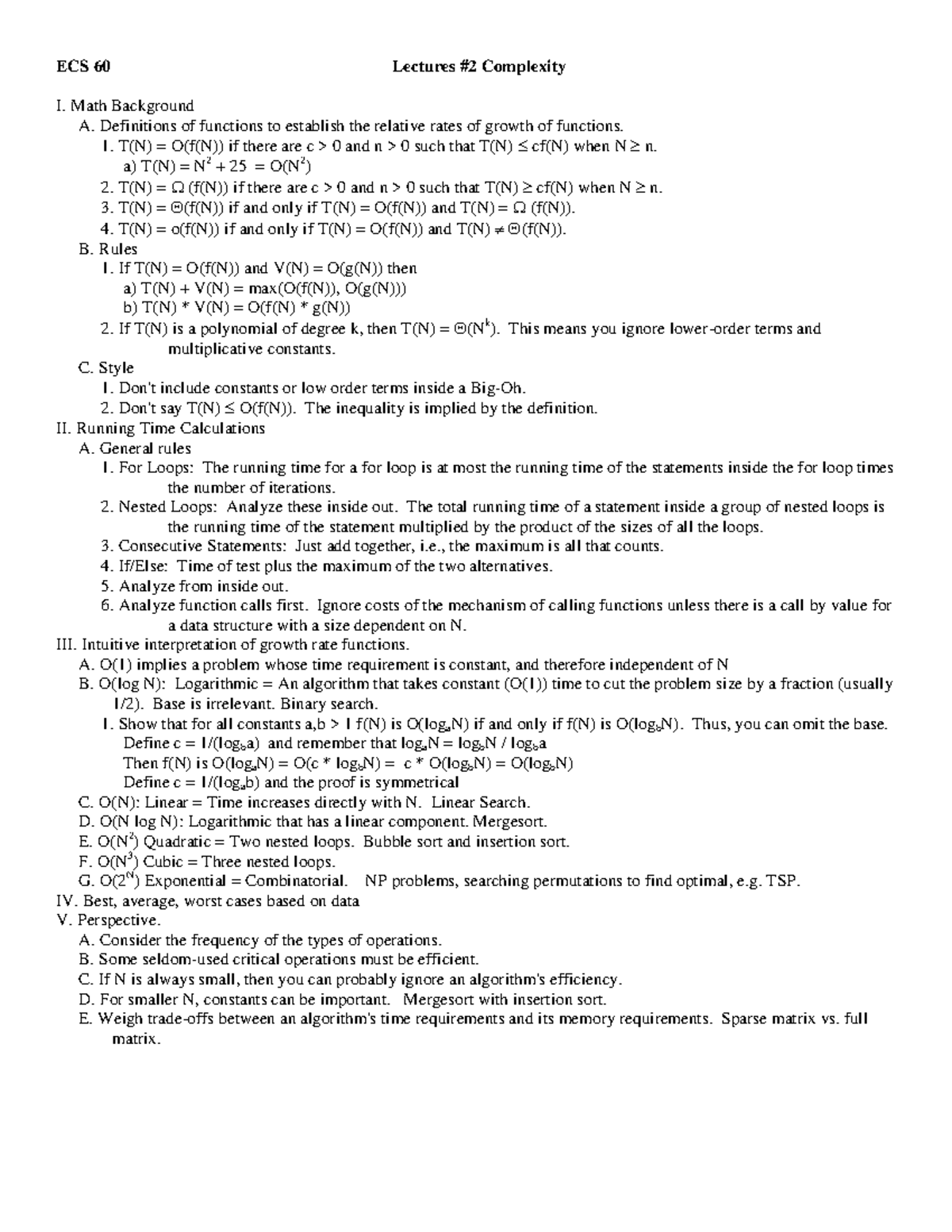 L1 - Complexity - ECS 60 Lectures #2 Complexity I. Math Background A ...
