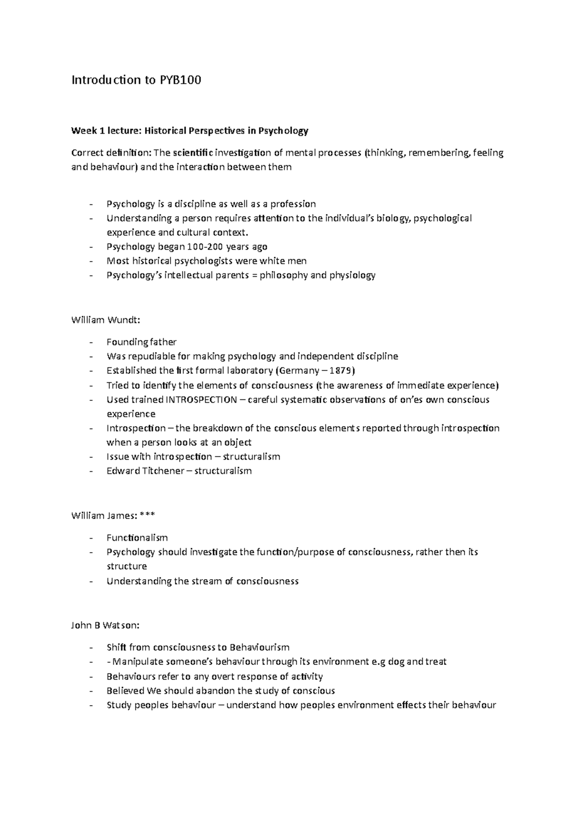 Lecture Notes Week 1 Introduction To Pyb Week 1 Lecture Historical Perspectives In Psychology