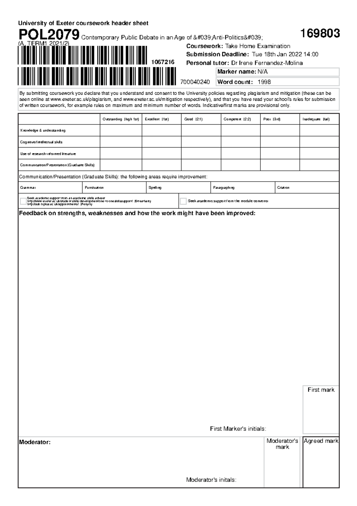POL2079 - Grade: 78. - University of Exeter coursework header sheet ...