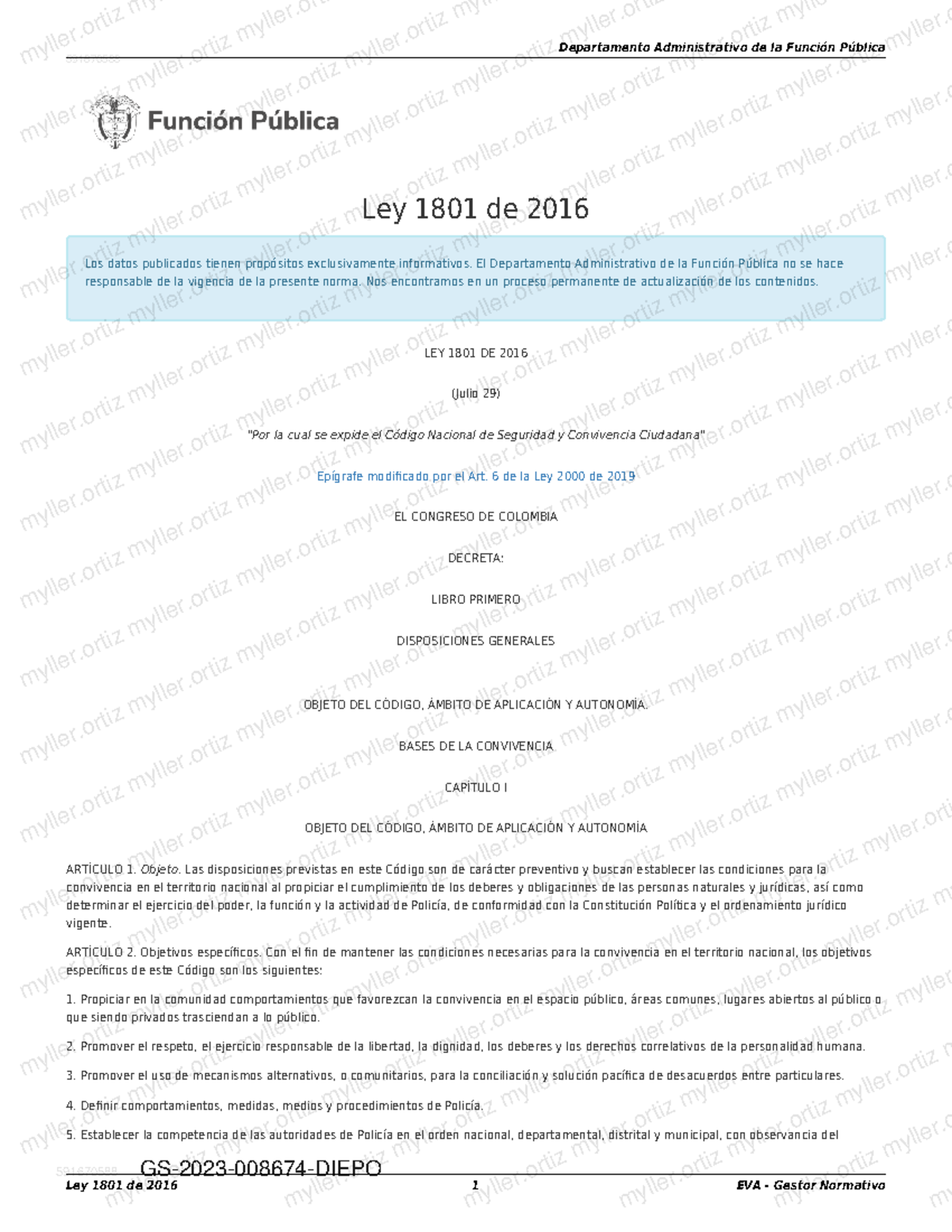 Ley 1801 de 2016 - Ley 1801 de 2016 1 EVA - Gestor Normativo Ley 1801 ...