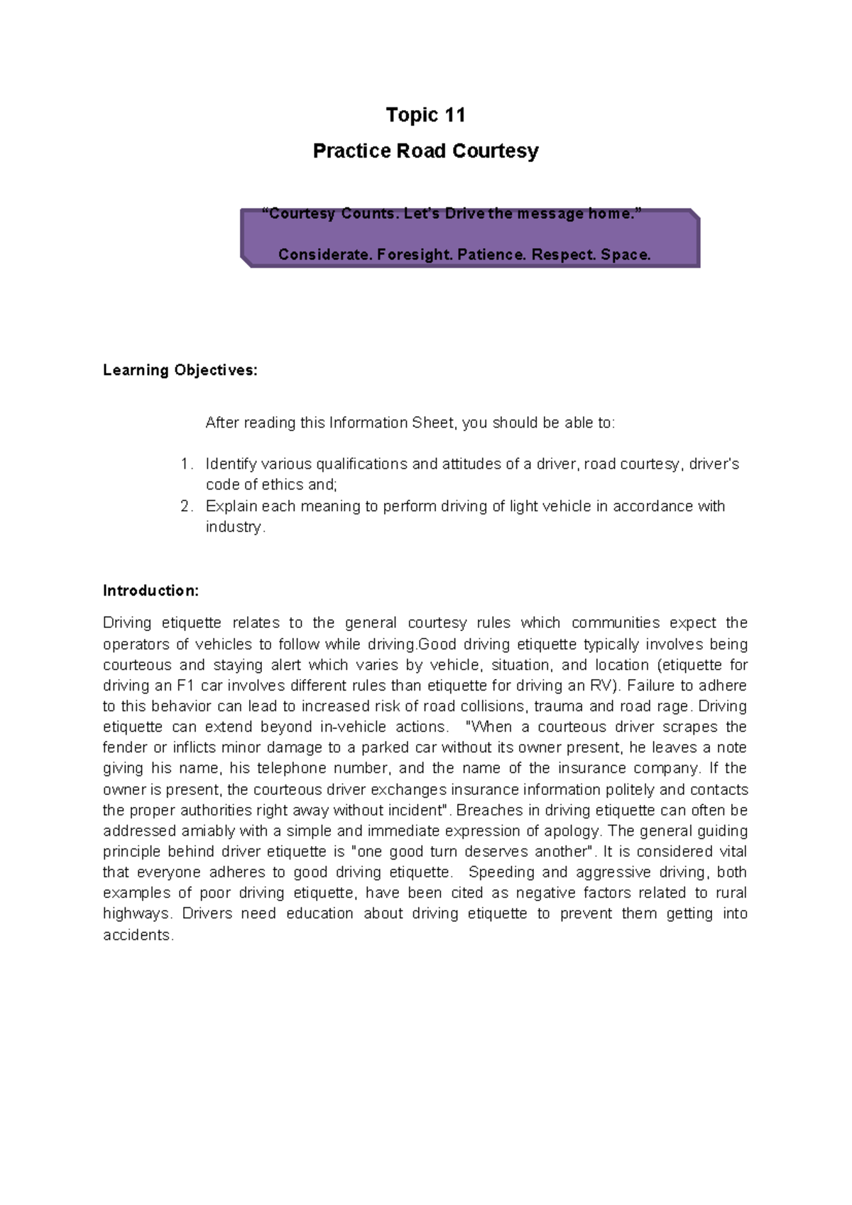 Driving 5 - to learn to drive - Topic 11 Practice Road Courtesy ...