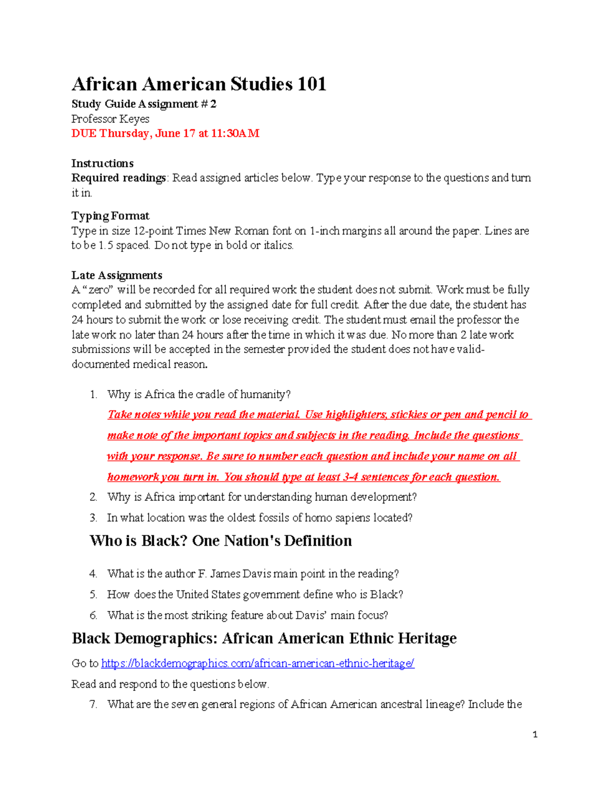 Study Guide 2 t - African American Studies 101 Study Guide Assignment ...