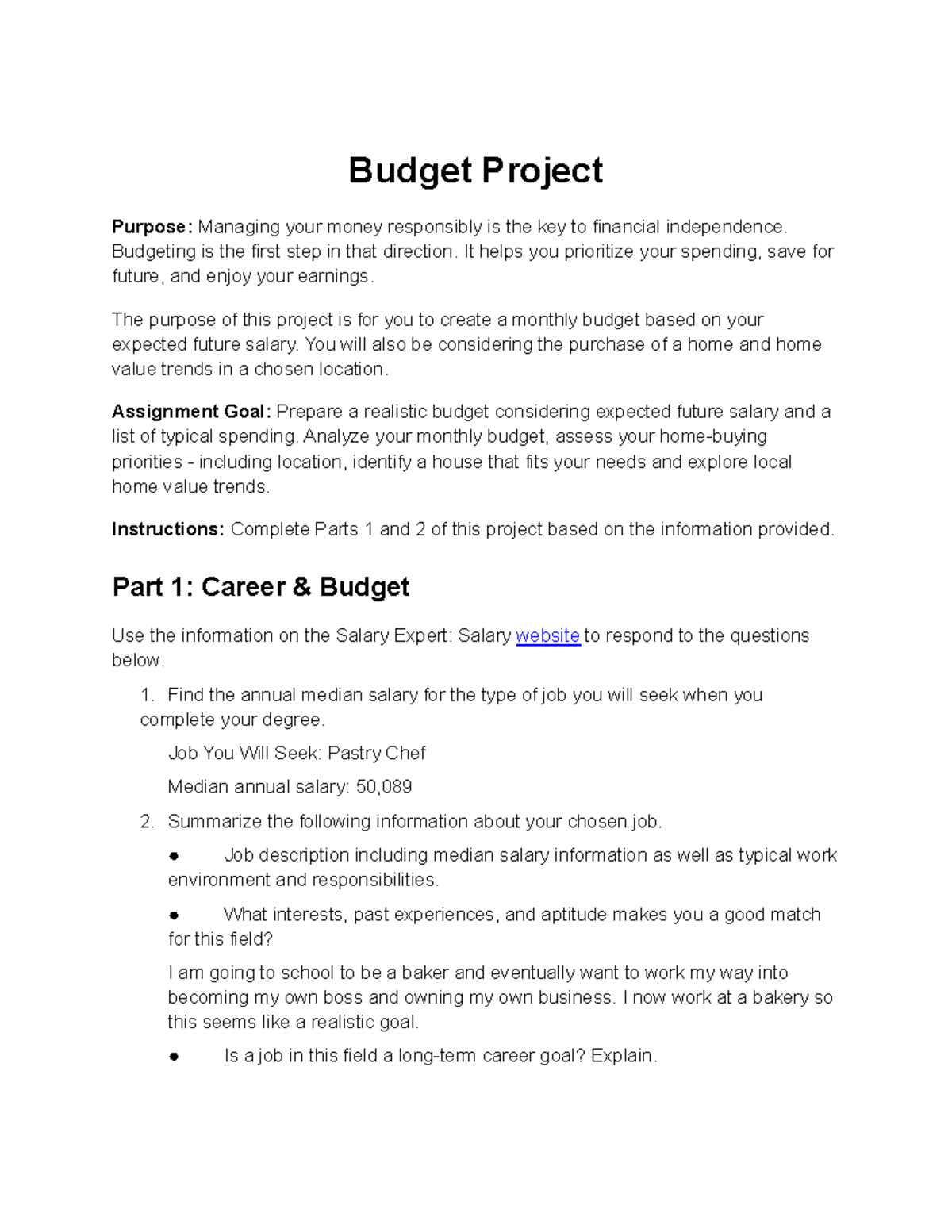 Budget Project - Unit 6 - Budget Project Purpose: Managing your money ...
