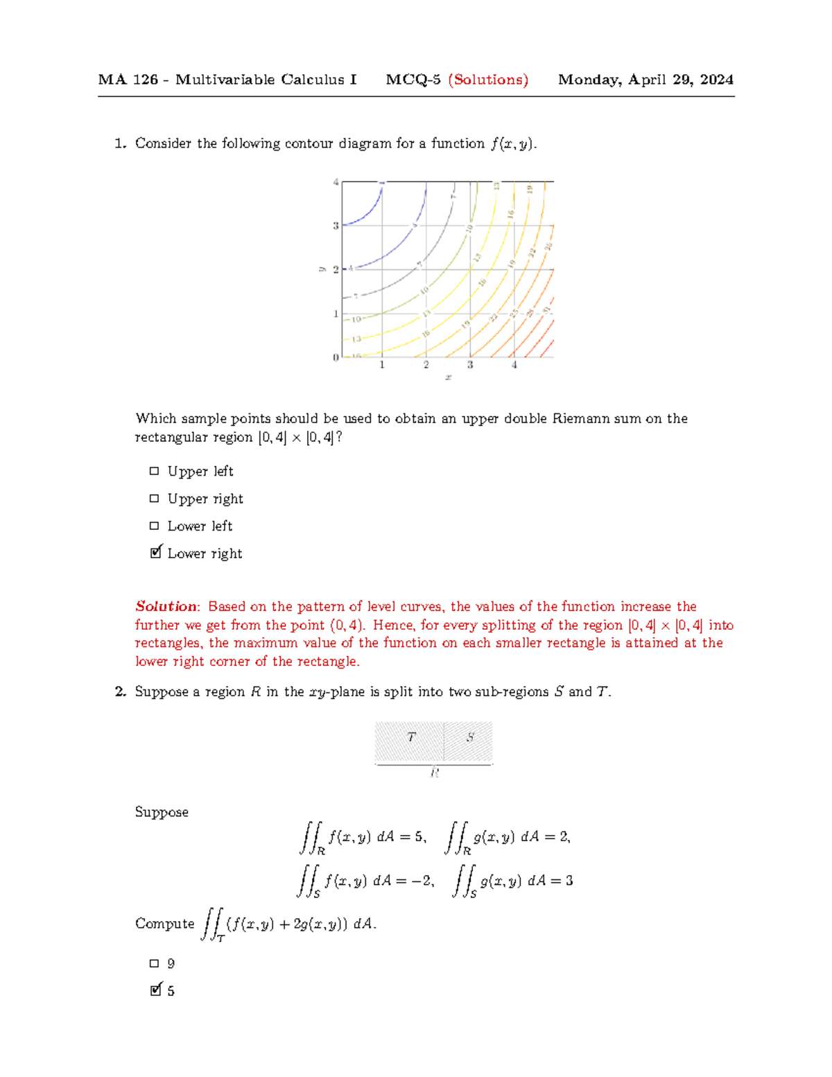 MCQ-5 sol - Multiple Choice Quiz 5 Solutions - MA 126 - Multivariable ...