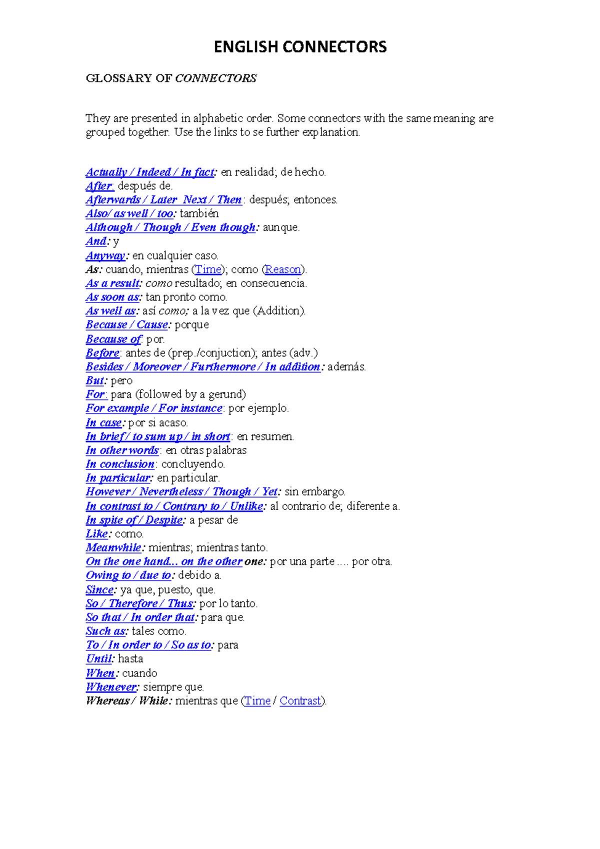 Conectores ingles B2 y C1 for students - Ingles - Studocu