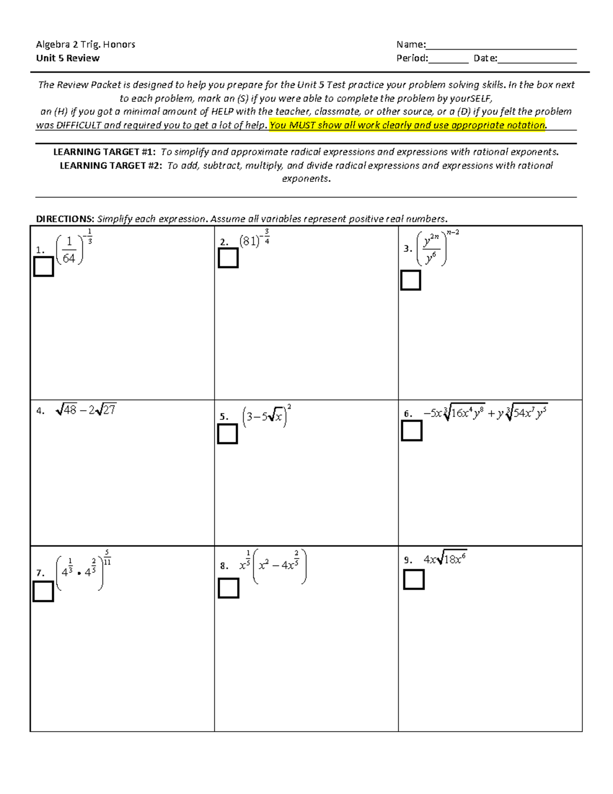 Unit 5 Review - Idk - Algebra 2 Trig. Honors Name: Unit 5 Review Packet ...