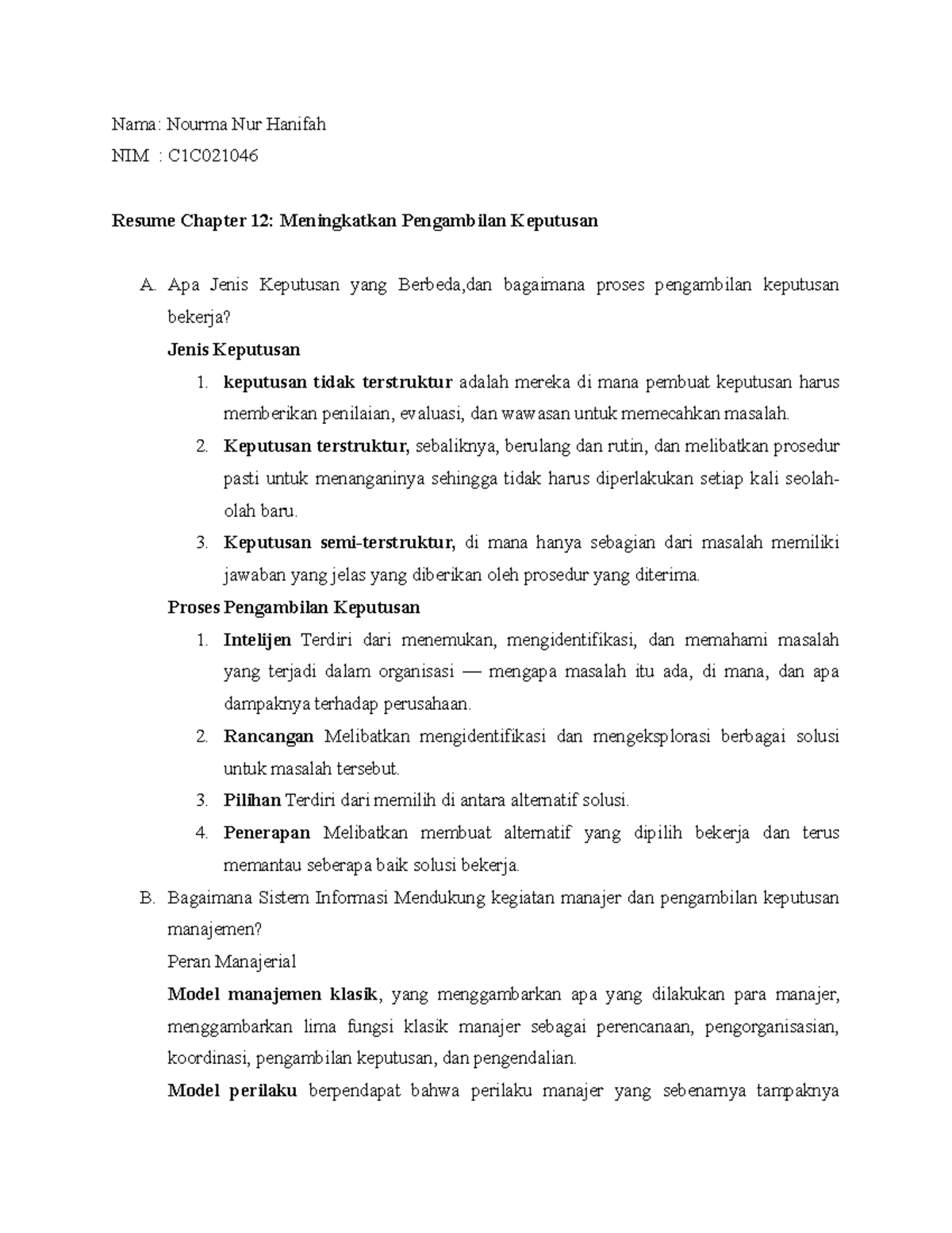 Resume SIM Chapter 12 Meningkatkan Pengambilan Keputusan Sistem Informasi Manajemen - Nama ...
