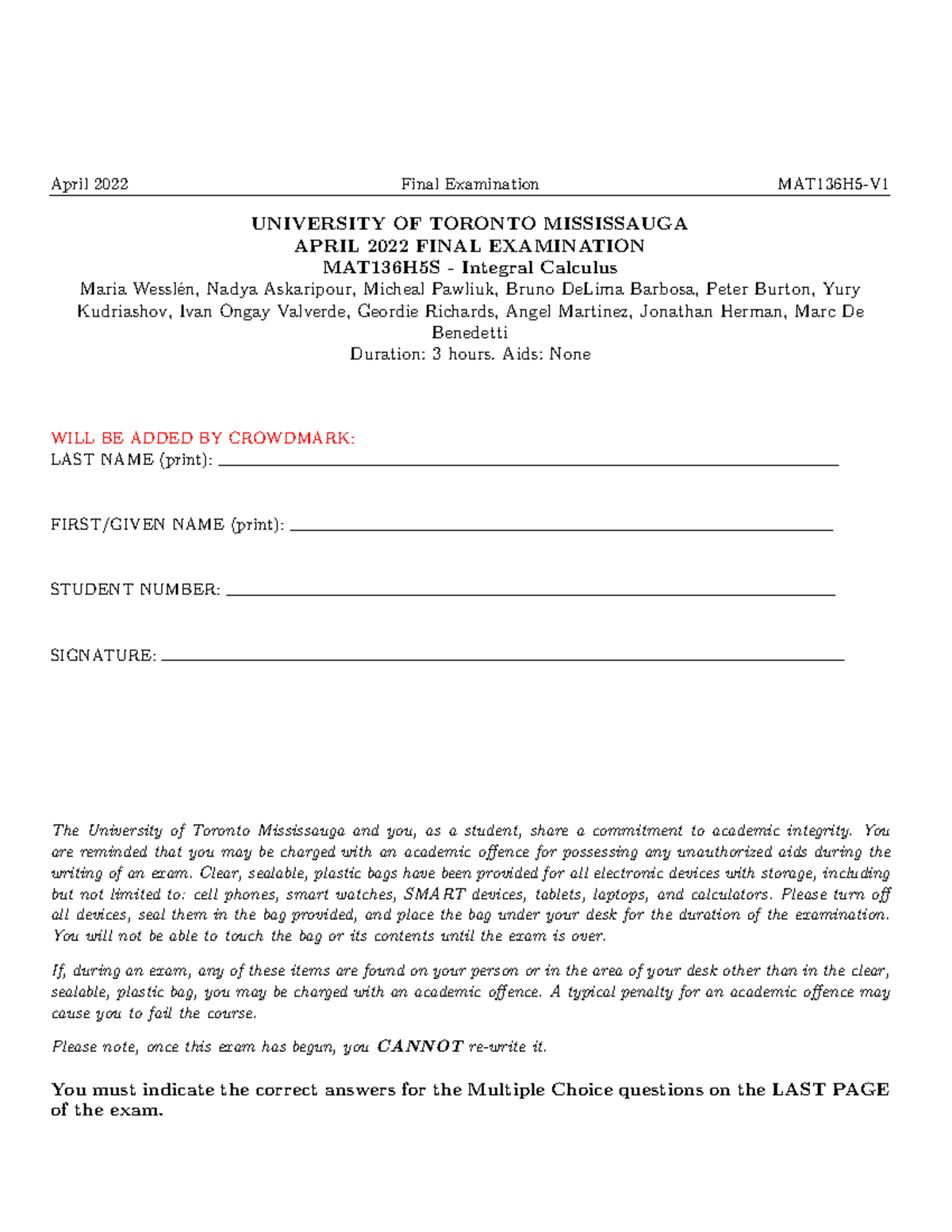 MAT136 exam April 2022 - drhd - UNIVERSITY OF TORONTO MISSISSAUGA APRIL 2022 FINAL EXAMINATION ...