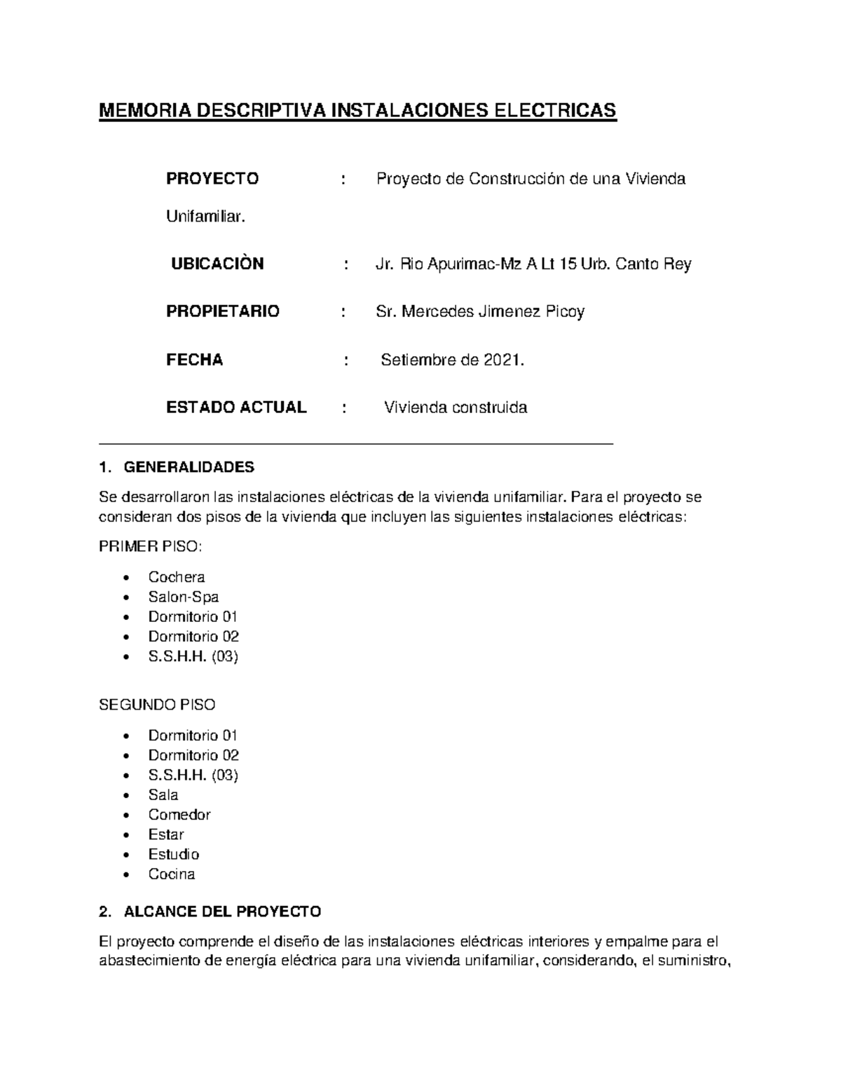 Memoria Descriptiva Instalaciones - MEMORIA DESCRIPTIVA INSTALACIONES ELECTRICAS PROYECTO ...