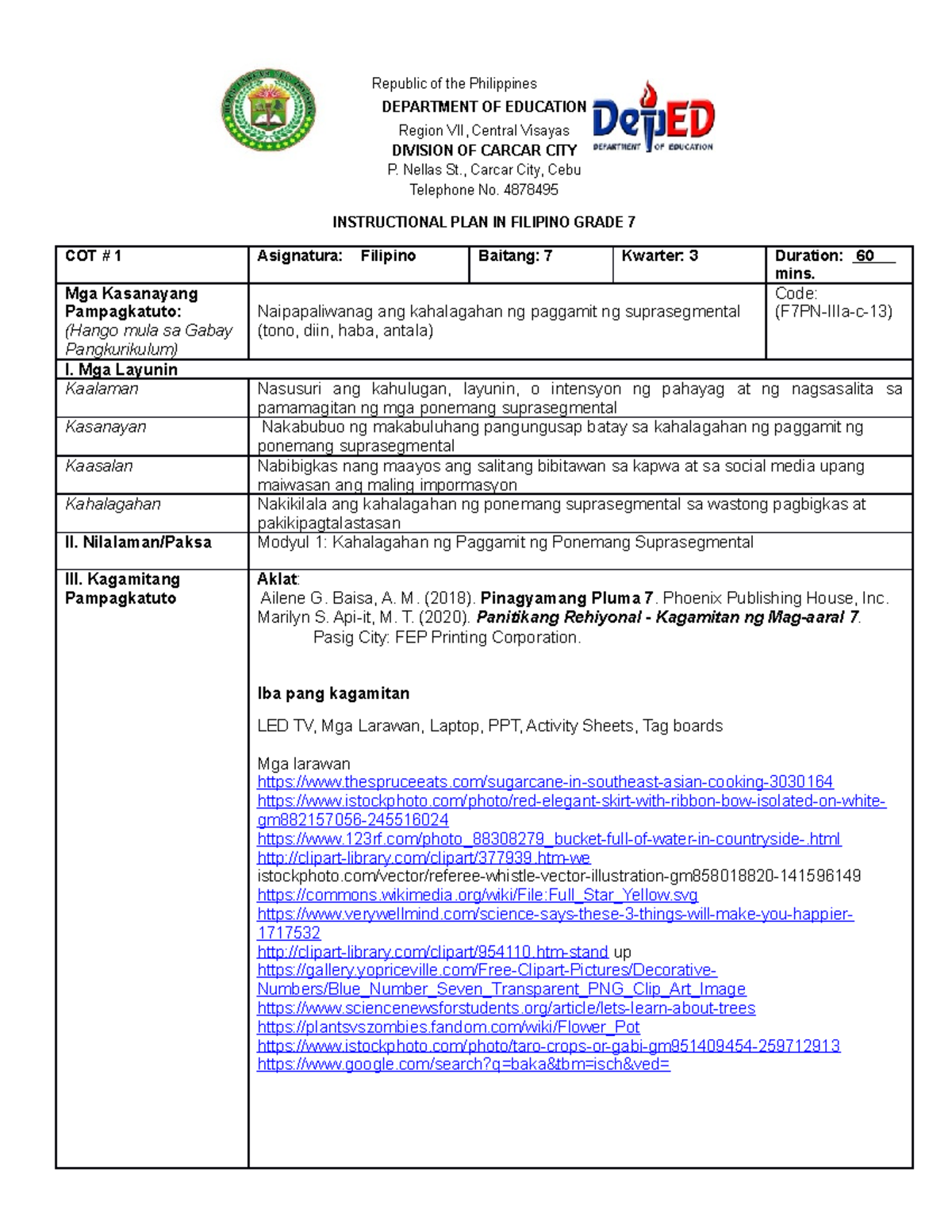 COT I PLAN FIL 7 - N/A - Republic of the Philippines DEPARTMENT OF ...