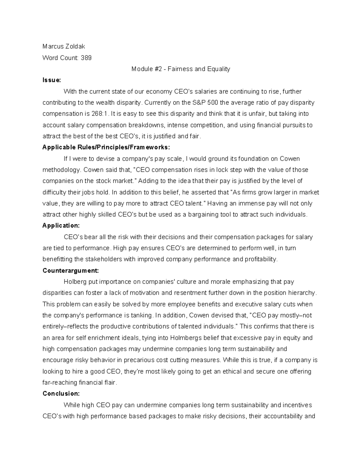 Position Statement for Module #2 - Fairness and Equality - Marcus Zoldak Word Count: 389 Module ...