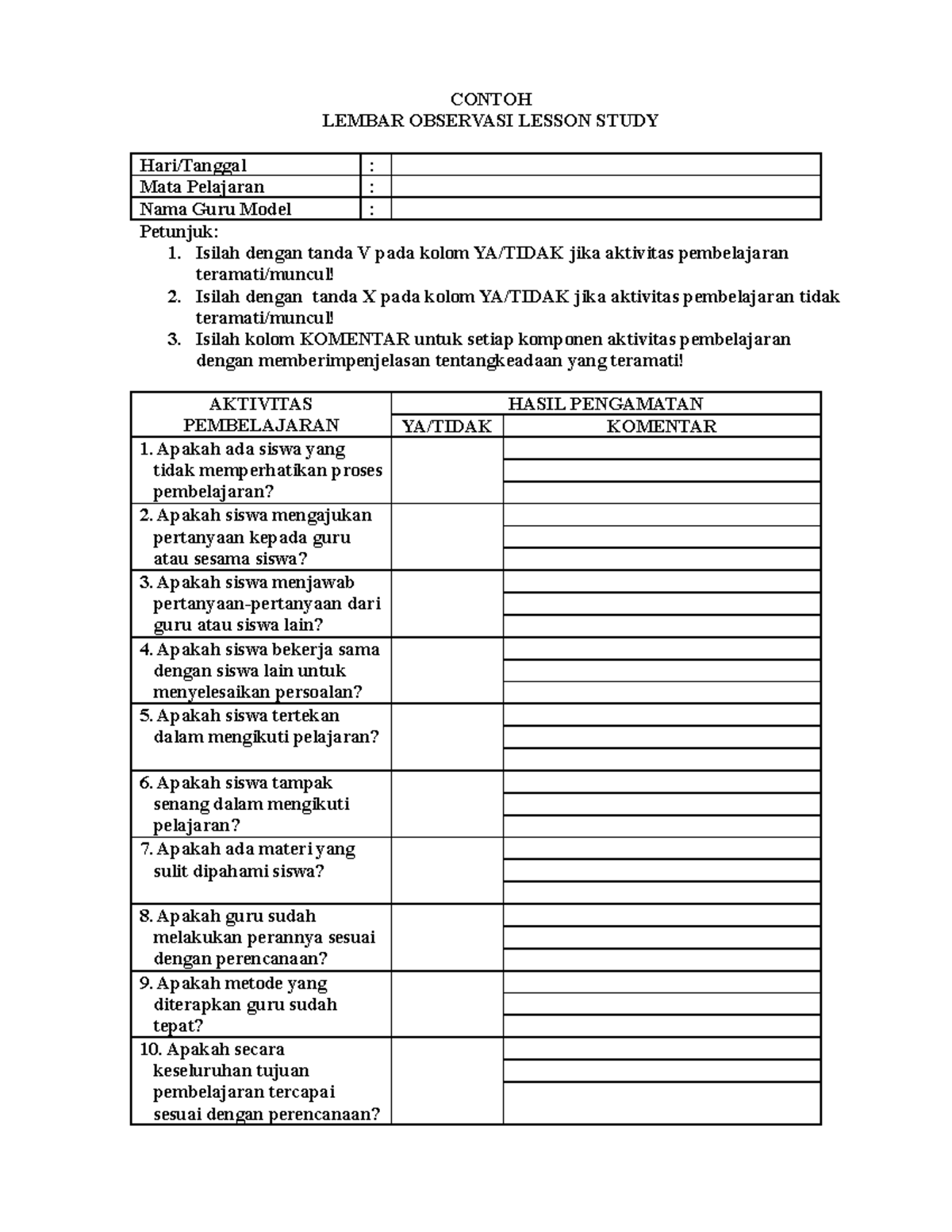 Lembar-obs-ls - Lembar observasi lesson study - CONTOH LEMBAR OBSERVASI ...