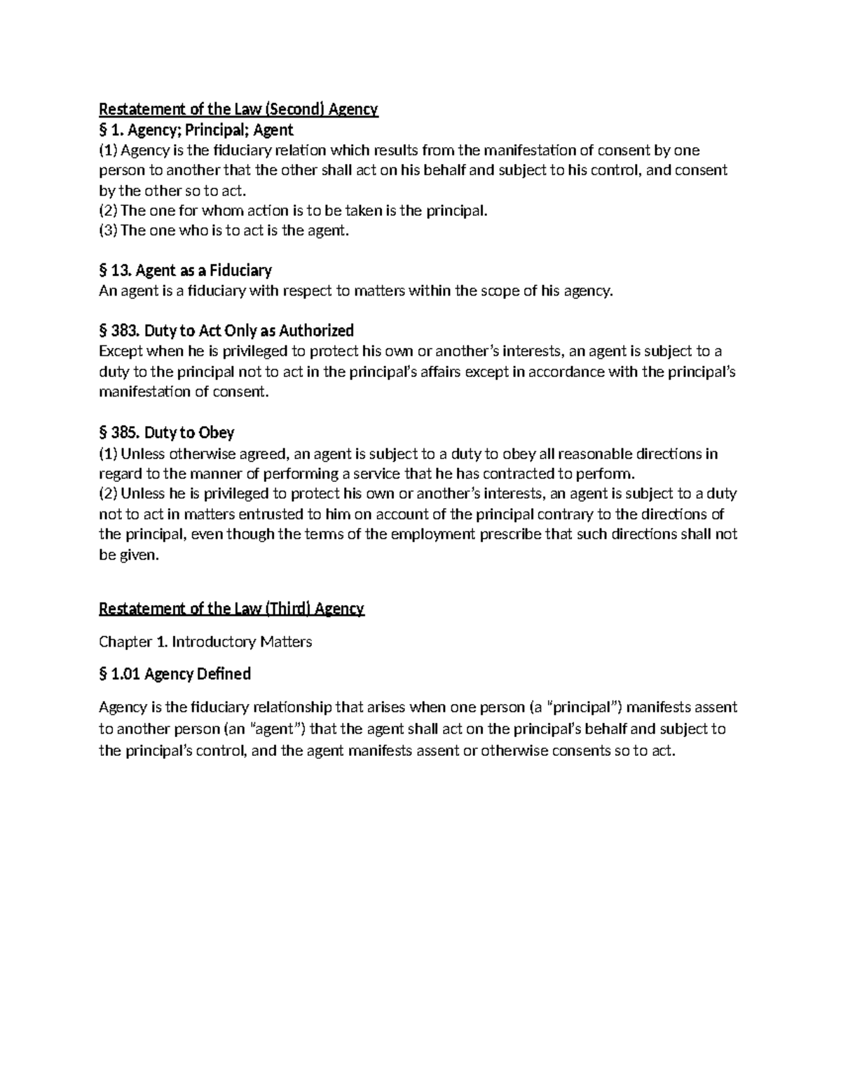 Week 1 Statutes and Rules - Restatement of the Law (Second) Agency § 1 ...