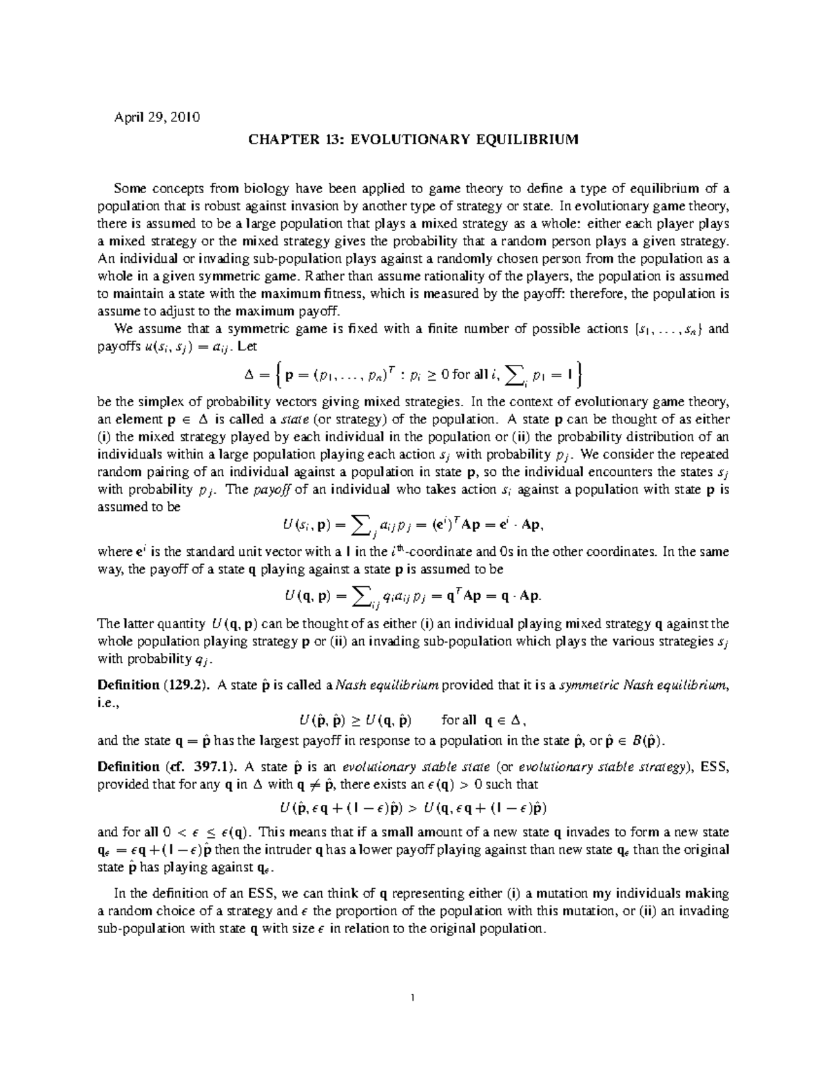 Math 364 Chapter 13- Evolutionary Equilibrium - April 29, 2010 CHAPTER ...