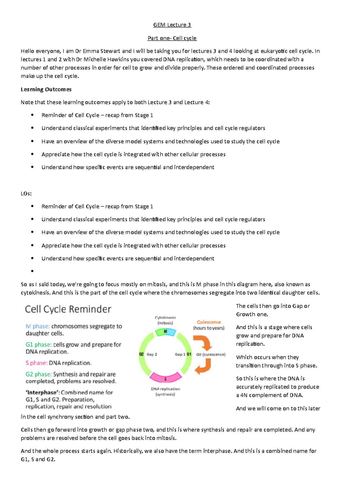 GEM Lecture 3- Cell cycle - GEM Lecture 3 Part one- Cell cycle Hello ...