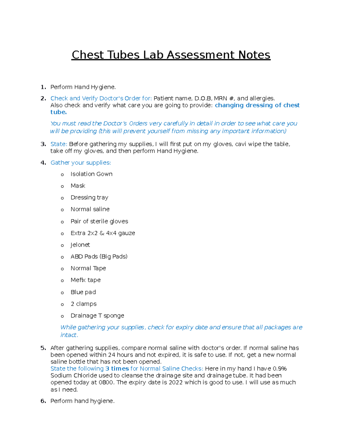 Chest Tubes Assessment Notes 1 - Chest Tubes Lab Assessment Notes ...