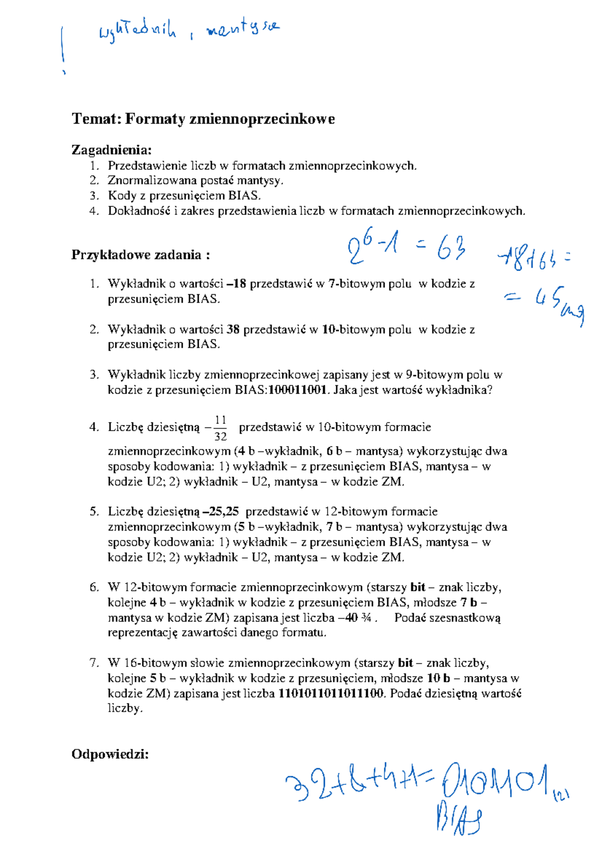 Ćw4 Wd I - Formaty zmiennoprzecinkowe, BIAS, mantysa - Temat: Formaty ...
