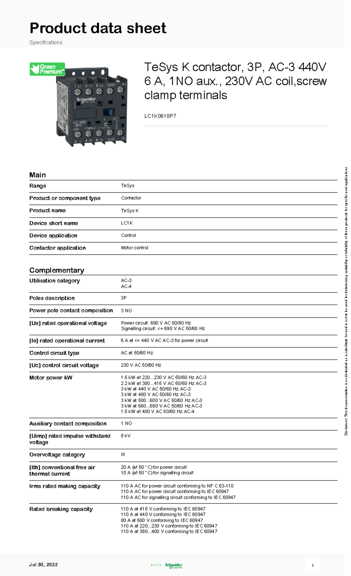 Ficha tecnica Contactor - Product data sheet Specifications TeSys K ...