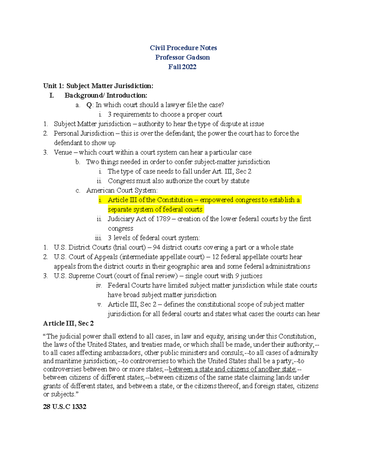 CIV PRO Notes - Civil Procedure Notes Professor Gadson Fall 2022 Unit 1 ...