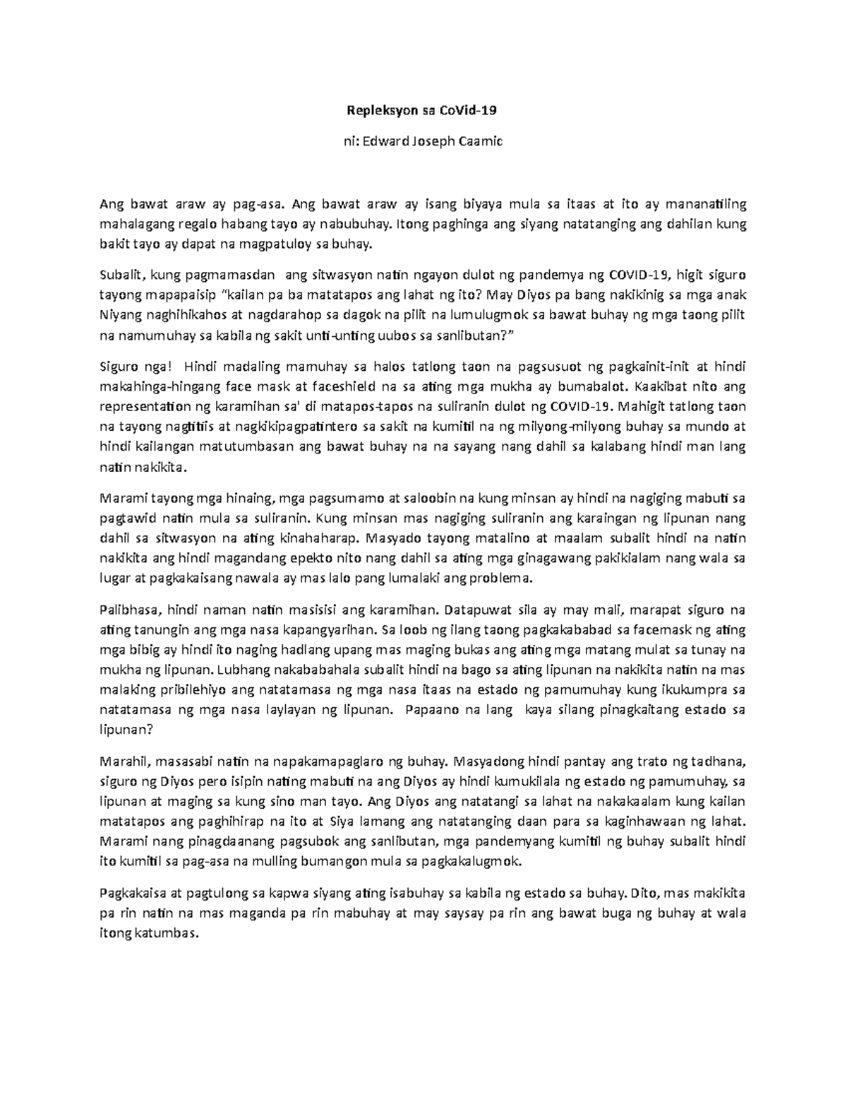 Repleksyon sa CoVid-19 - Repleksyon sa CoVid- ni: Edward Joseph Caamic ...