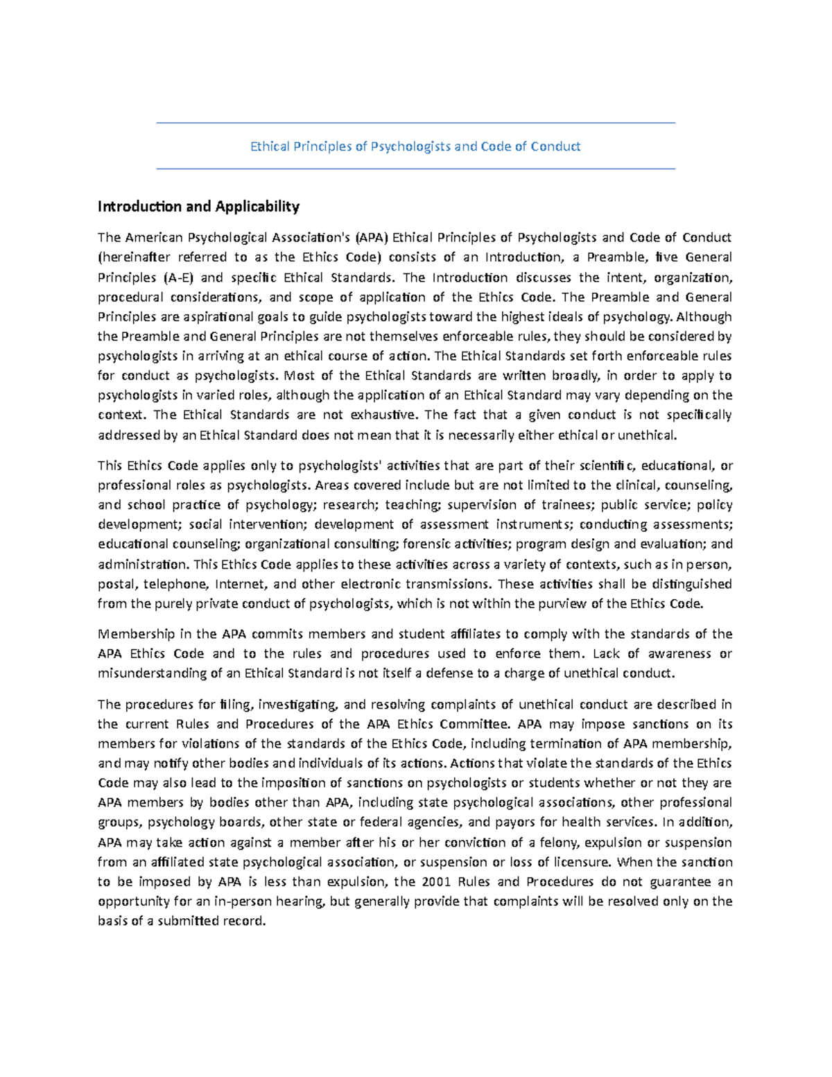 APA Code of Ethics - Ethical Principles of Psychologists and Code of ...