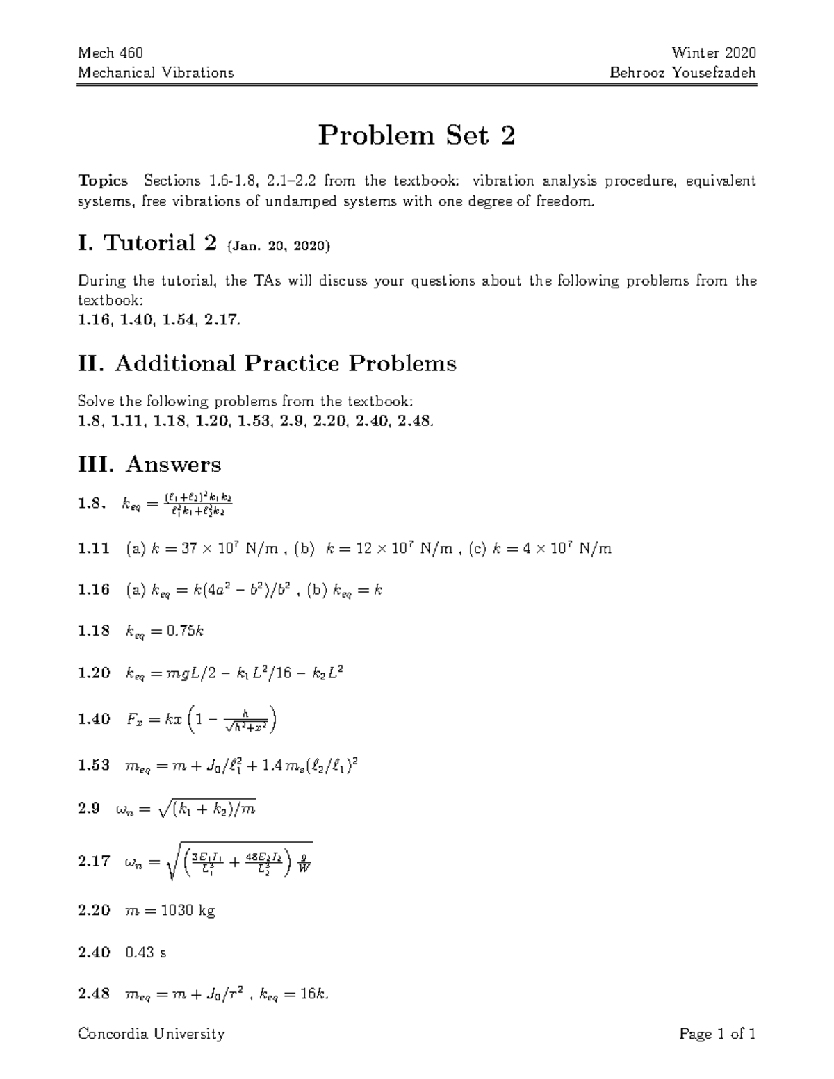 Problem Set 02 - No answers - Mech 460 Mechanical Vibrations Winter ...