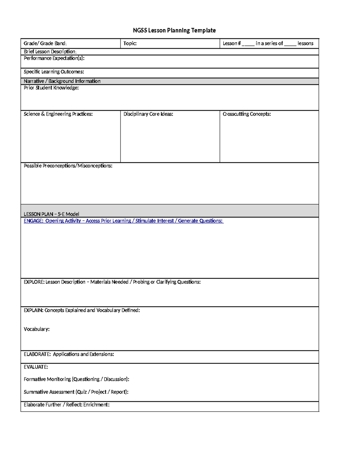 5E NGSS Lesson Planning Template - NGSS Lesson Planning Template Grade ...