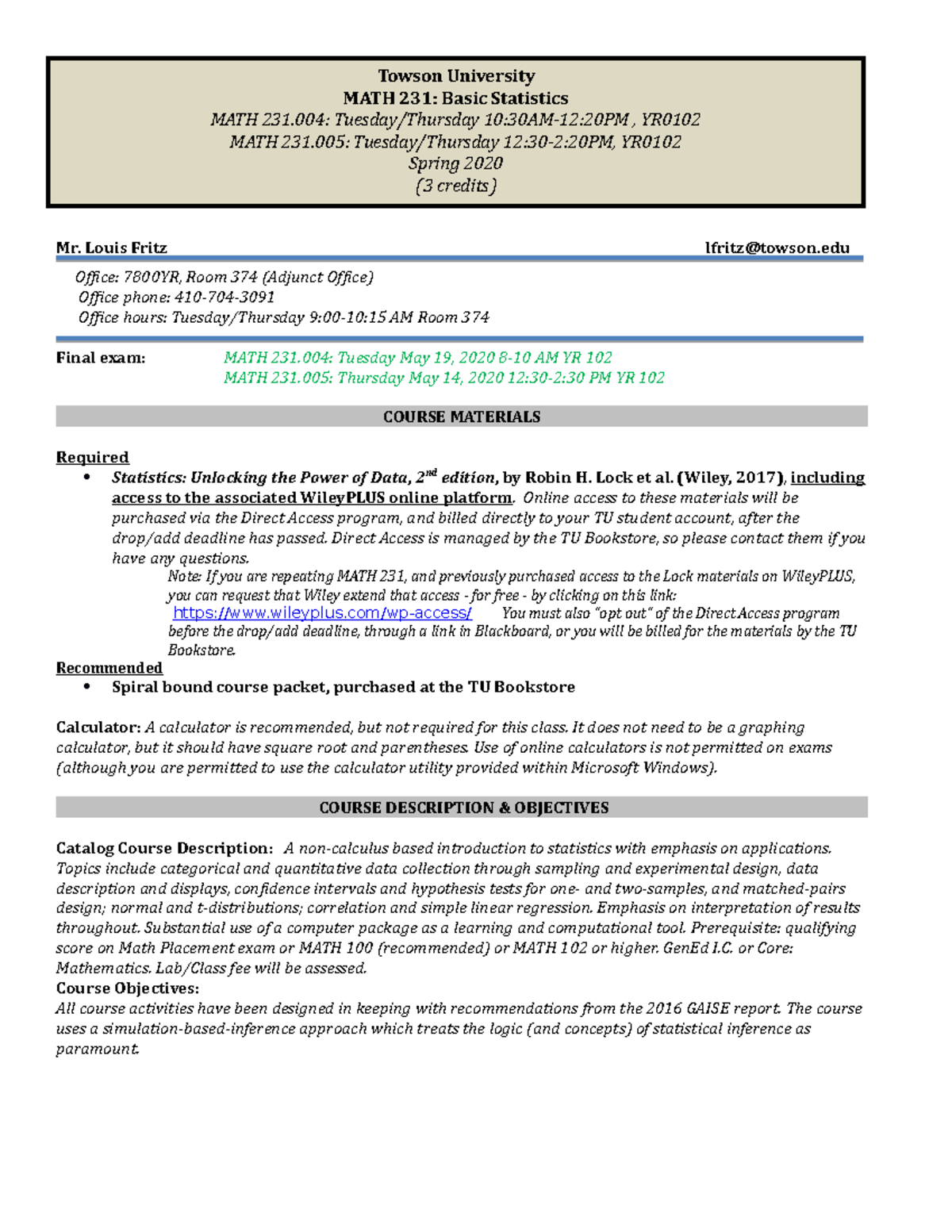 Math 231 Fritz Syllabus Spring 2020 - Mr. Louis Fritz lfritz@towson ...