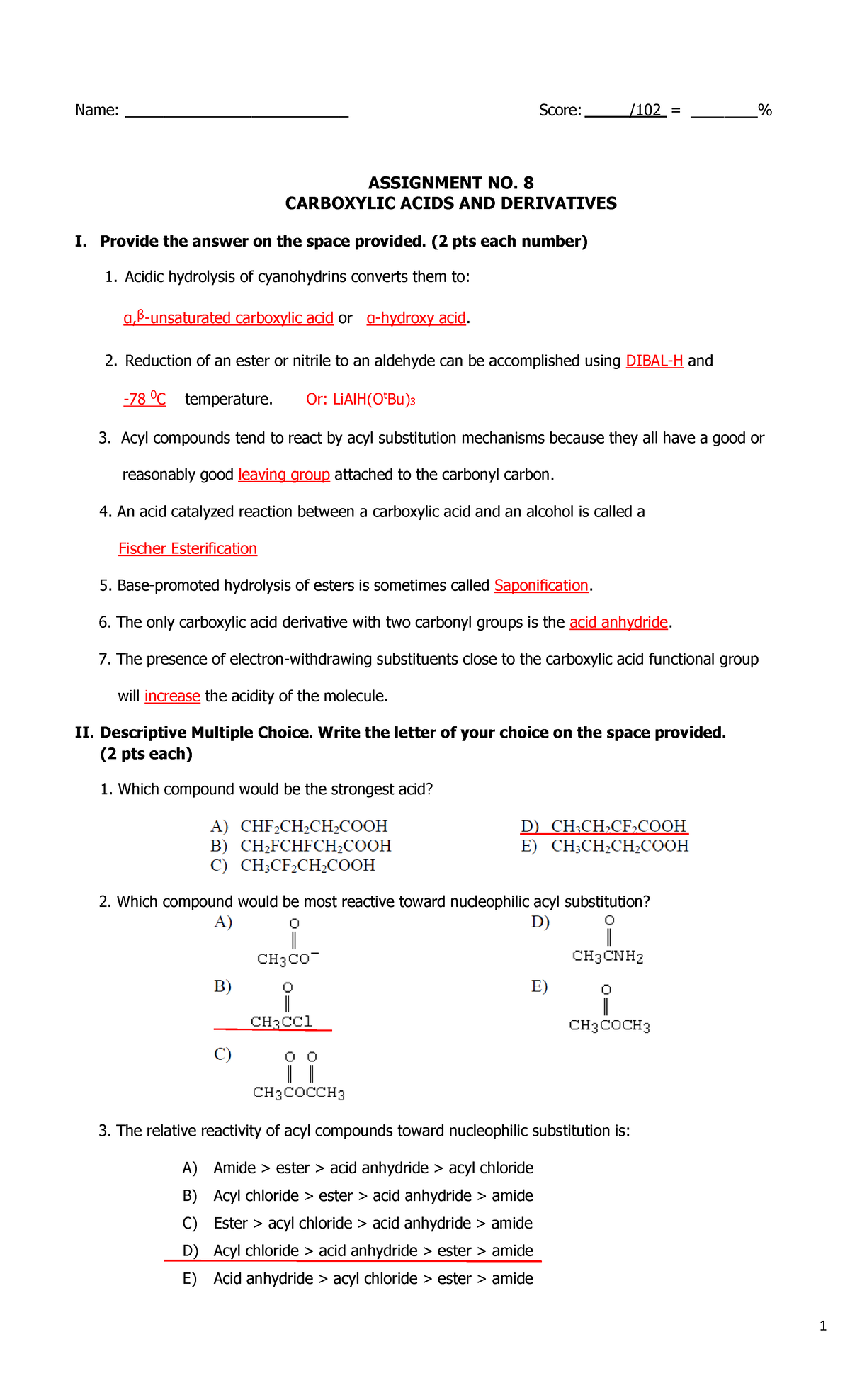 Answer Key Assignment No. 6 Carboxylic Acid and Derivatives ...
