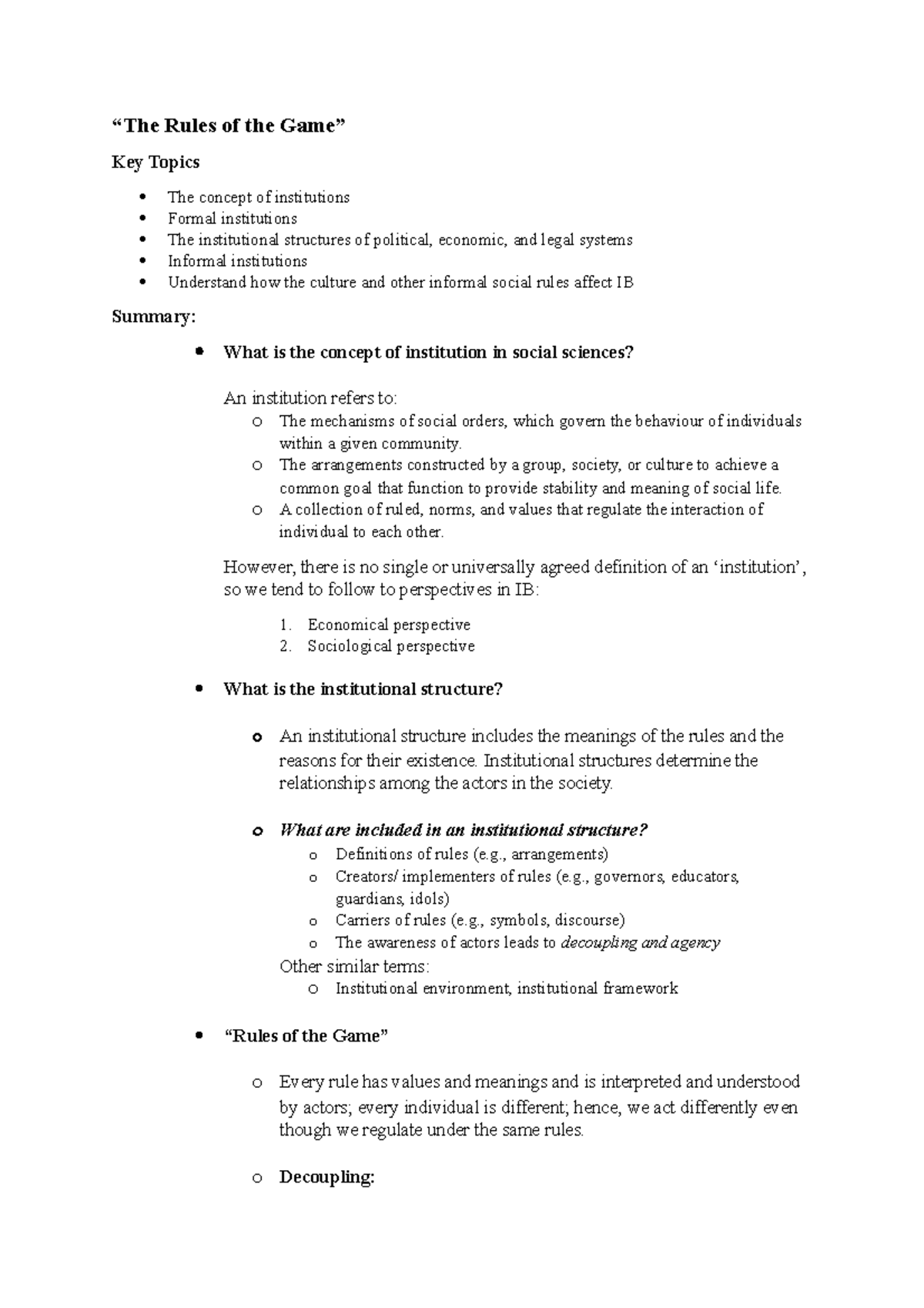 Lecture 2 Lectrue 2 Notes “the Rules Of The Game” Key Topics The Concept Of Institutions