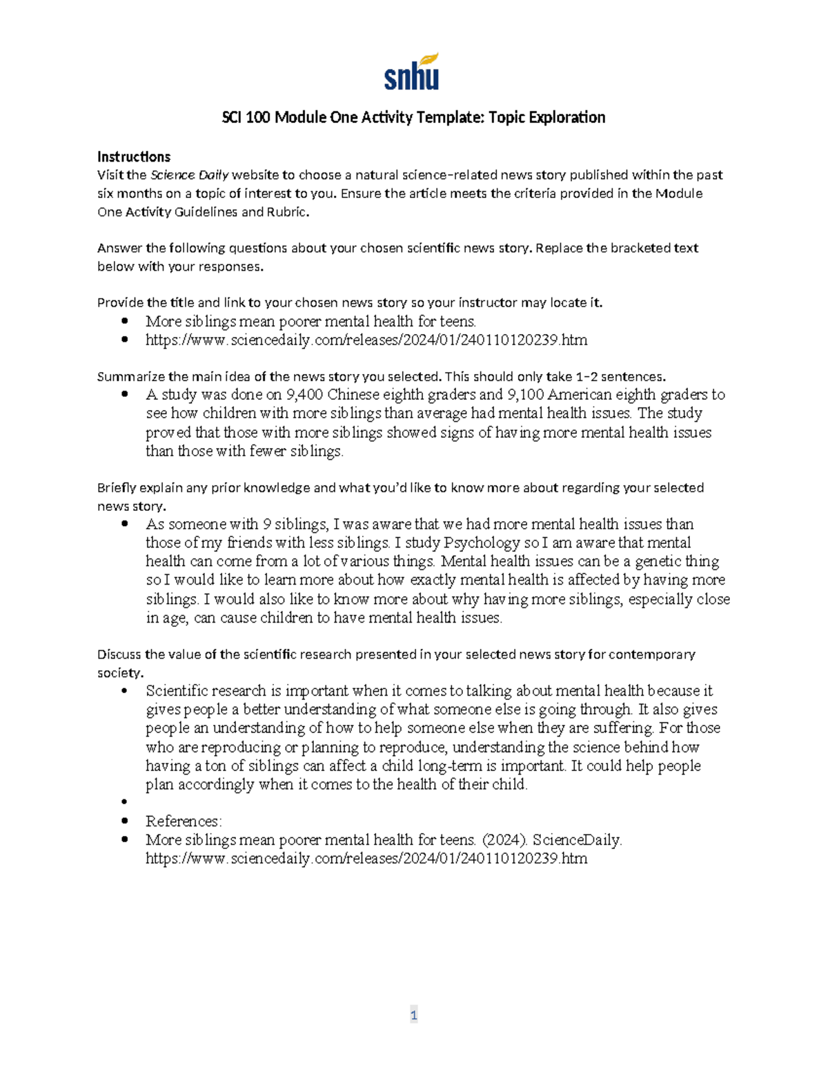 SCI100 Module One Activity Template - Ensure the article meets the ...