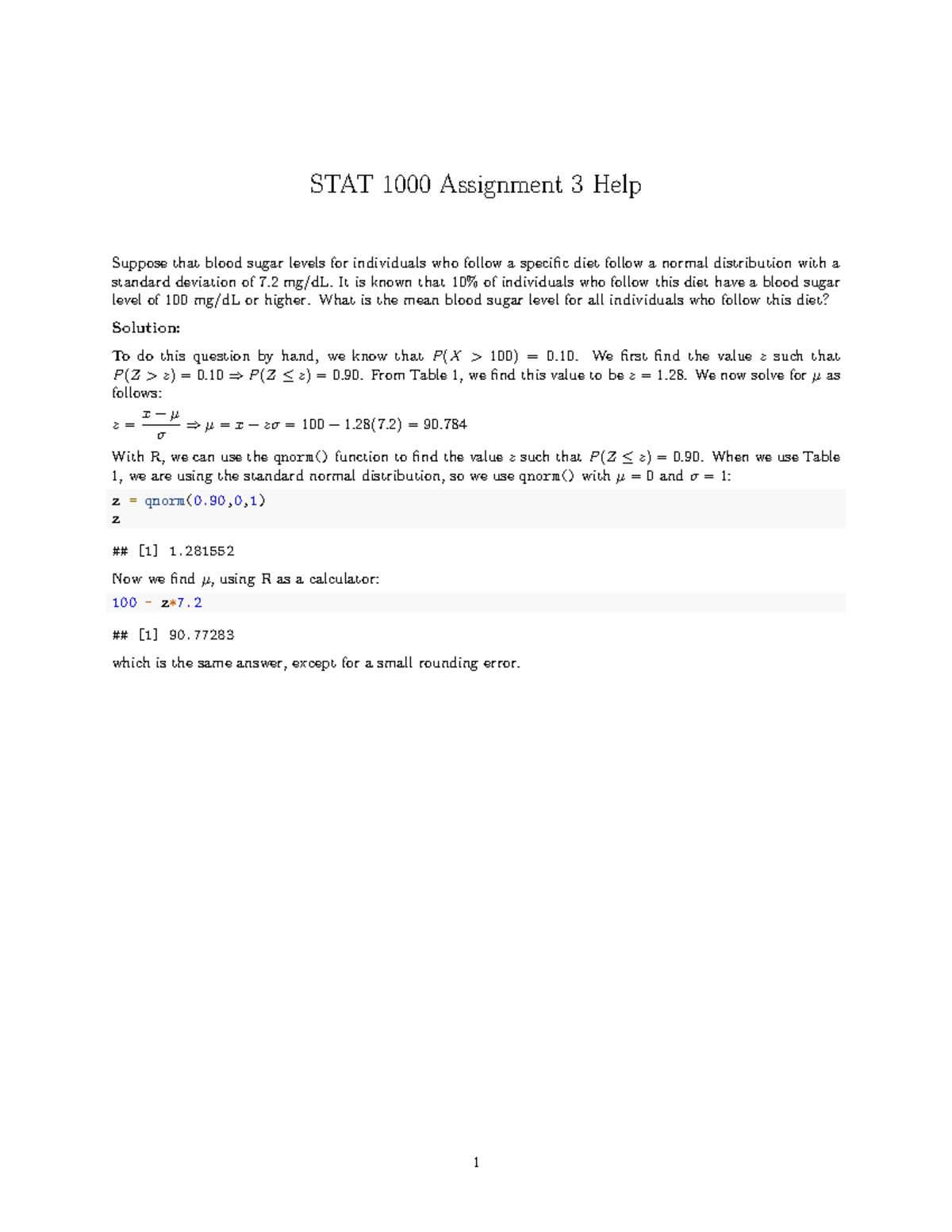 STAT 1000 Assignment 3 Help - STAT 1000 Assignment 3 Help Suppose that blood sugar levels for ...