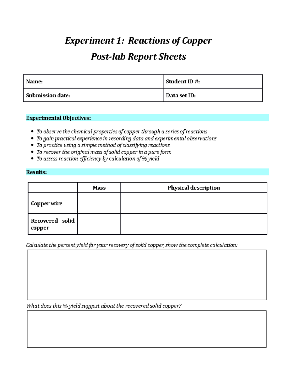 Reactions of copper report and assimilation BIO 371 - Experiment 1 ...