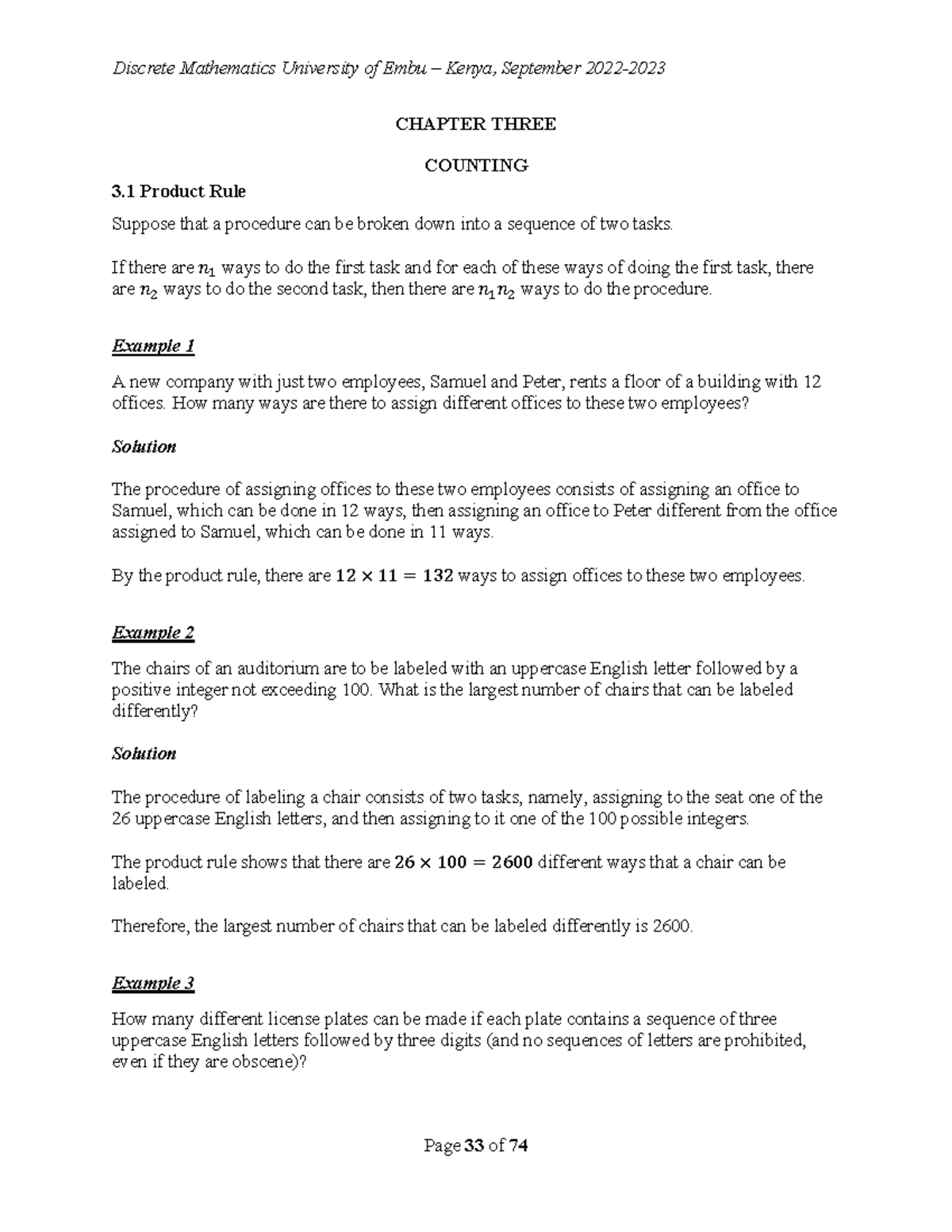 CSC 113 Discrete Mathematics 3 - CHAPTER THREE COUNTING 3 Product Rule ...