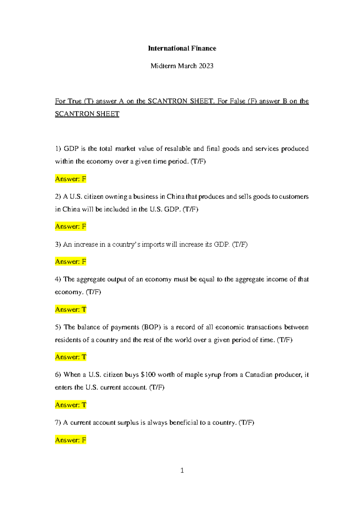 IF Mid Term 2023 with answer - International Finance Midterm March 2023 ...