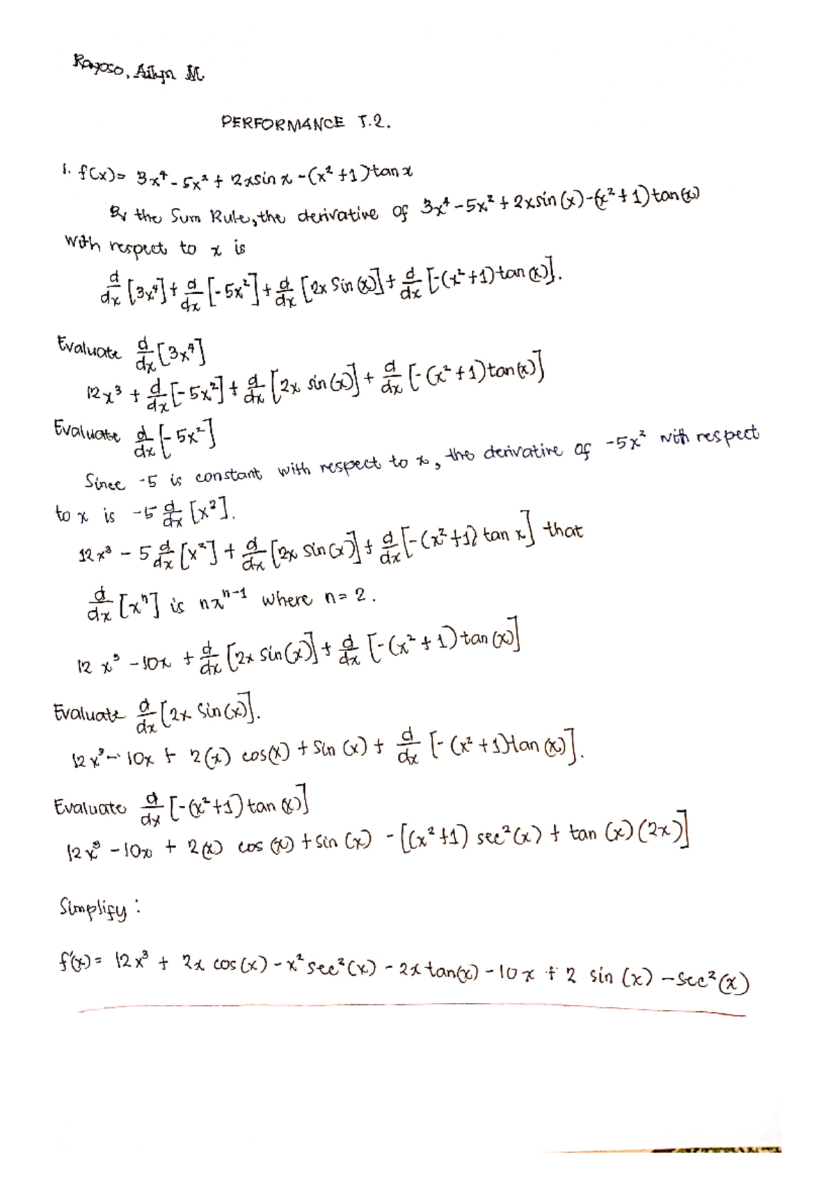 Performance TASK 2 ( Deferentiation) - Differential & Integral Calculus - Studocu