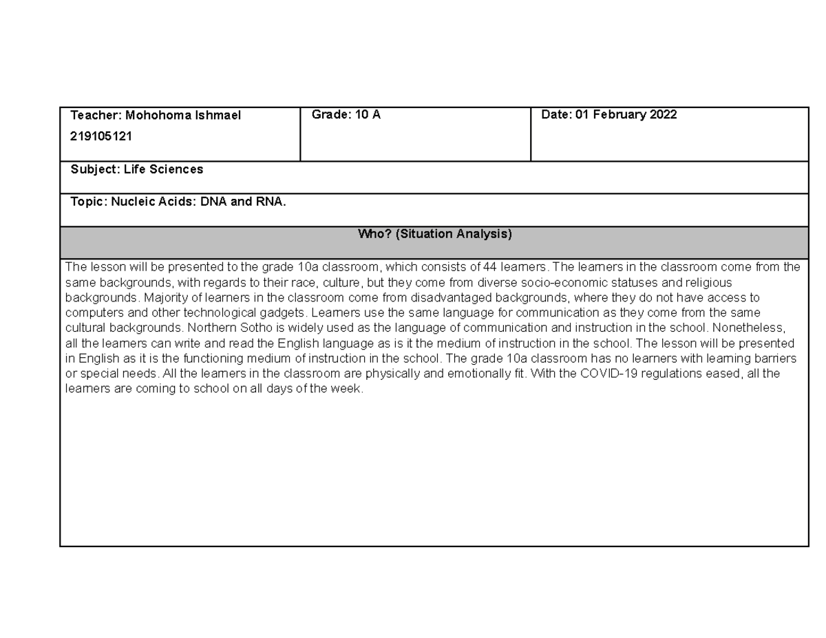 Lesson plan 1 Life sciences - Teacher: Mohohoma Ishmael 219105121 Grade ...