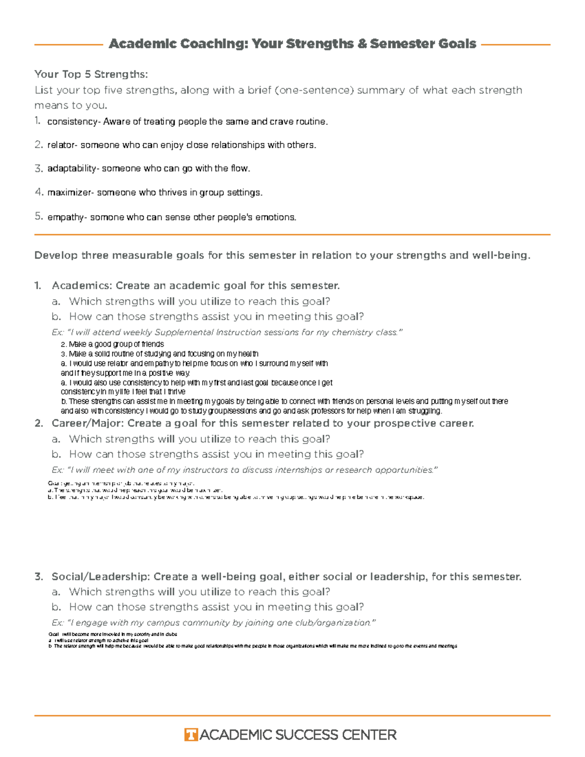 Student Success Plan - Clifton Strengths Reflection Worksheet ...