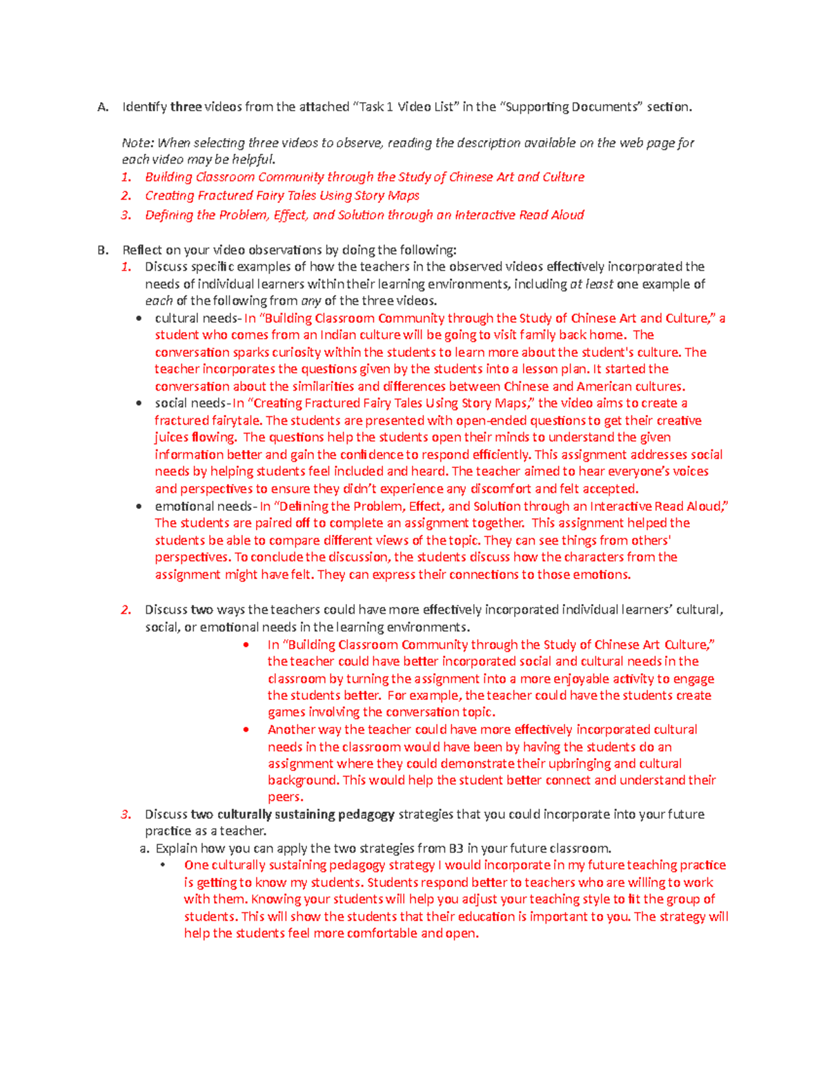 Task 1 doc revised - critical commentary - A. Identify three videos from the attached “Task 1 ...