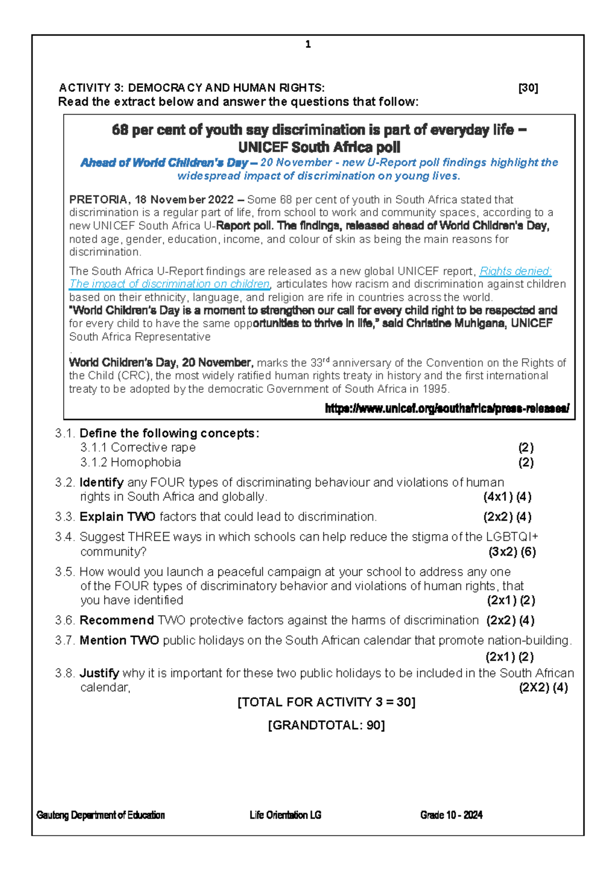 GR10 Activity 3 - ACTIVITY 3: DEMOCRACY AND HUMAN RIGHTS: [30] Read the ...